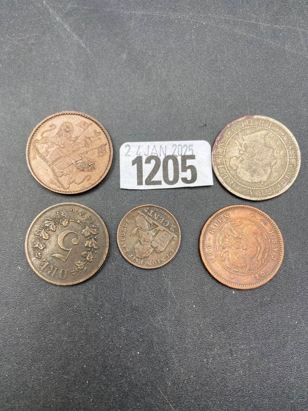 St Helena half penny 1821 good grade, a Chinese 10m cash & 3 others