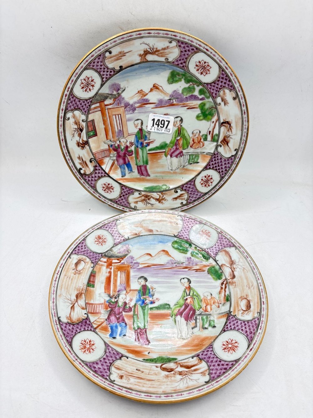 A pair of Chinese plates decorated with figures on terrace 9” diameter