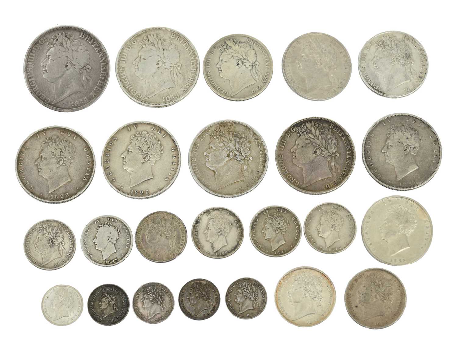 George IV, a quantity of silver coins, including: crowns (2), 1821 and ...