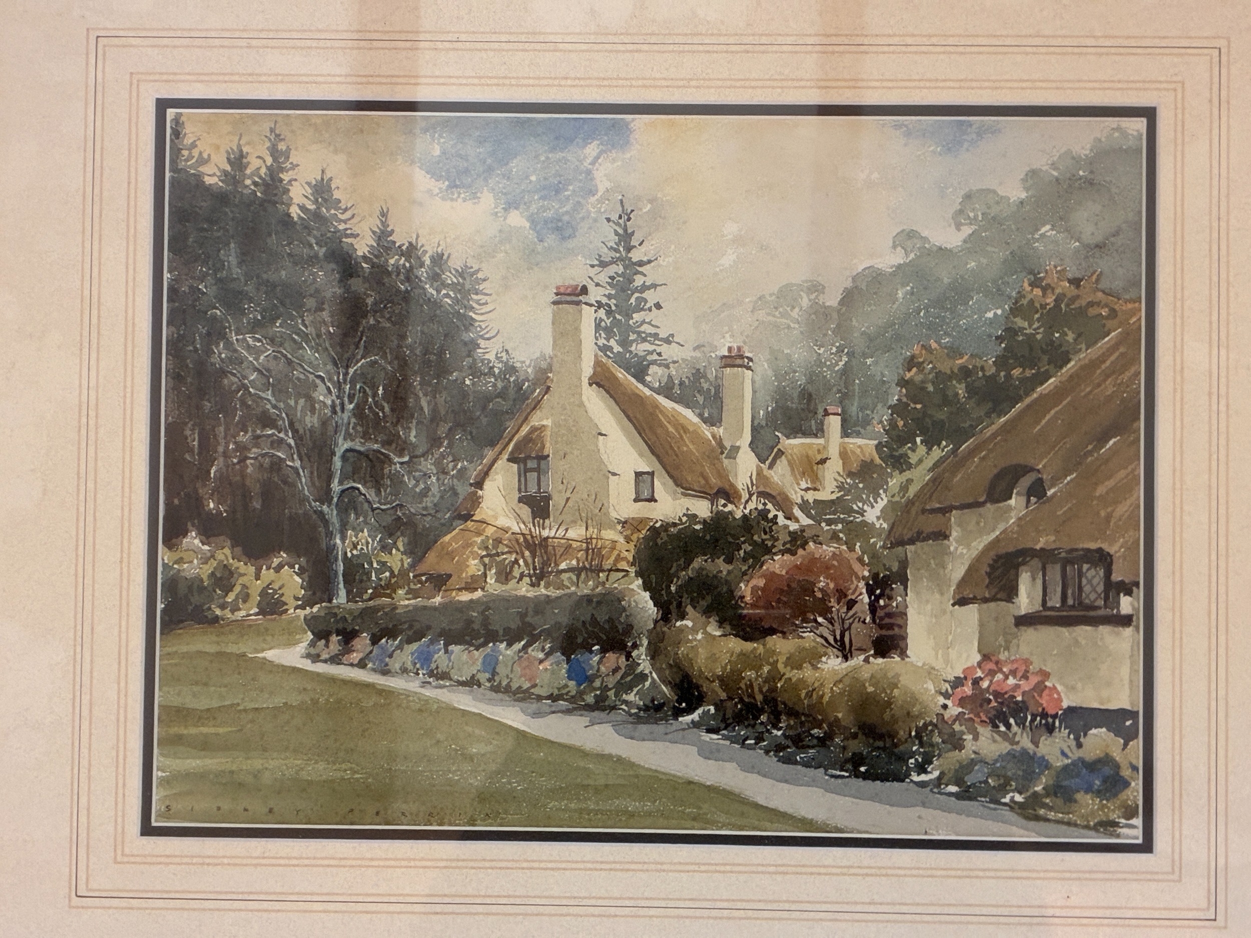 Sidney Perrin - Two watercolours and three signed prints of countryside ...