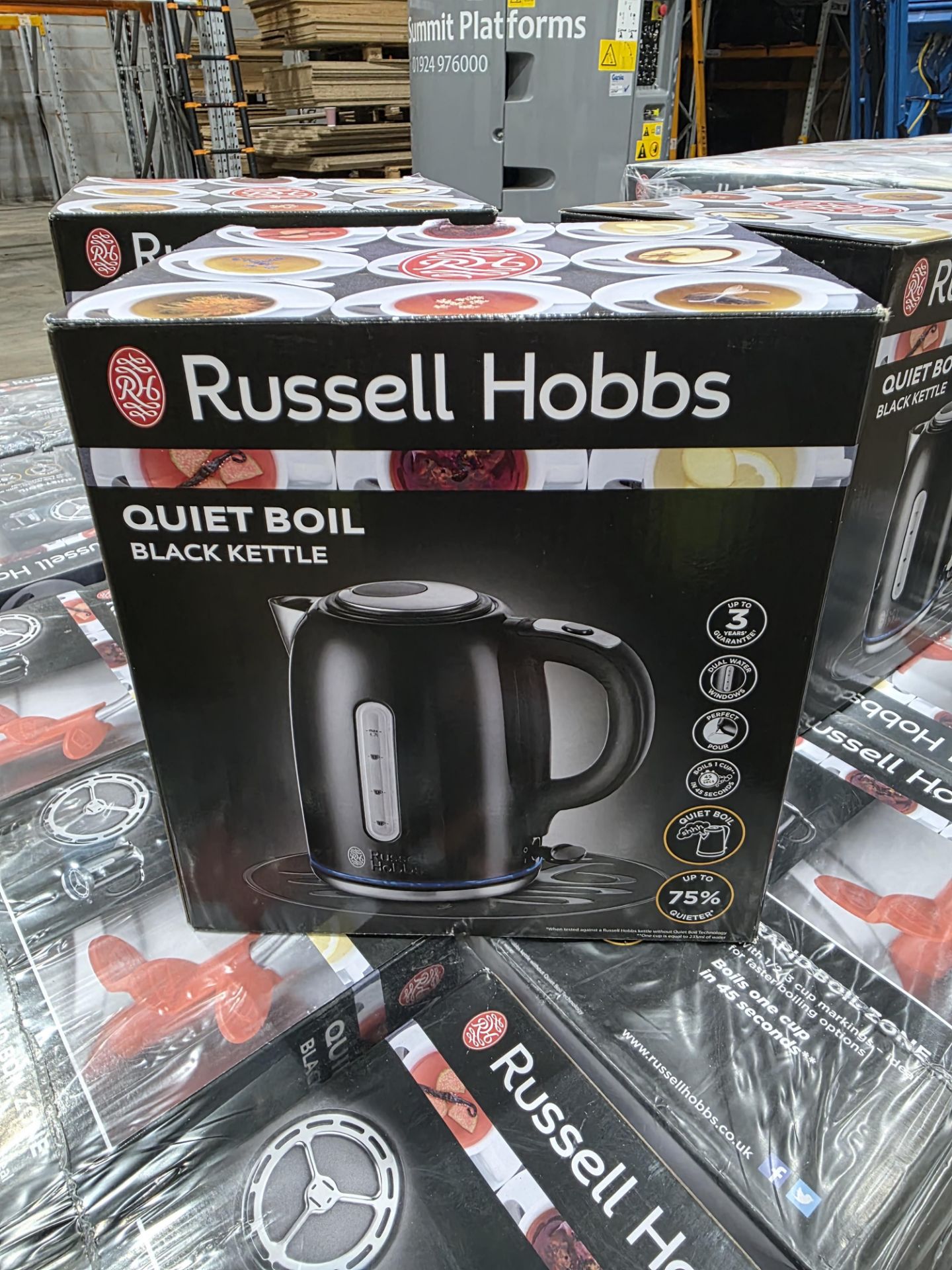 8 x NEW & BOXED RUSSELL HOBBS QUIET BOIL BLACK KETTLE. RAPID BOIL