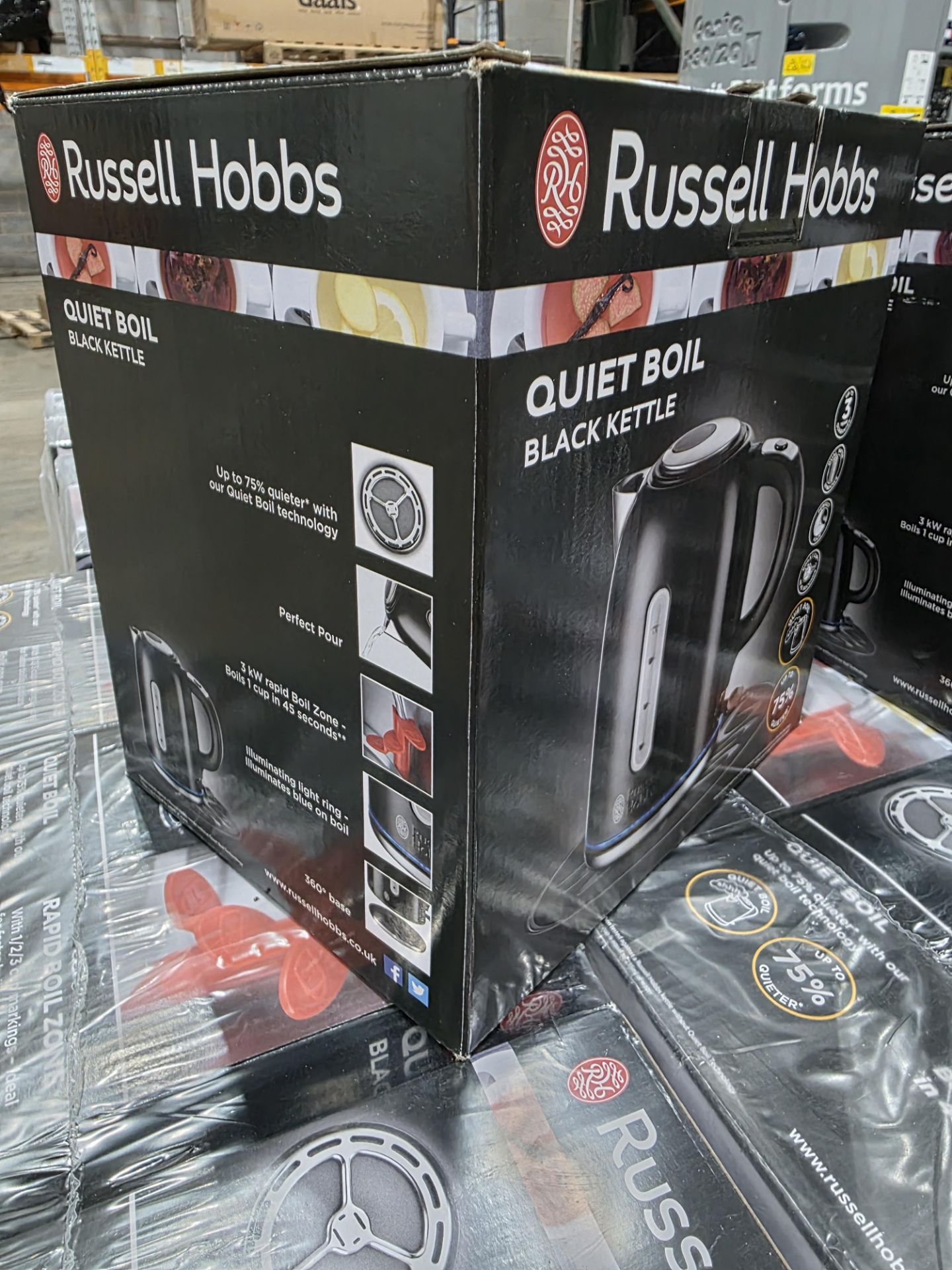 8 x NEW & BOXED RUSSELL HOBBS QUIET BOIL BLACK KETTLE. RAPID BOIL