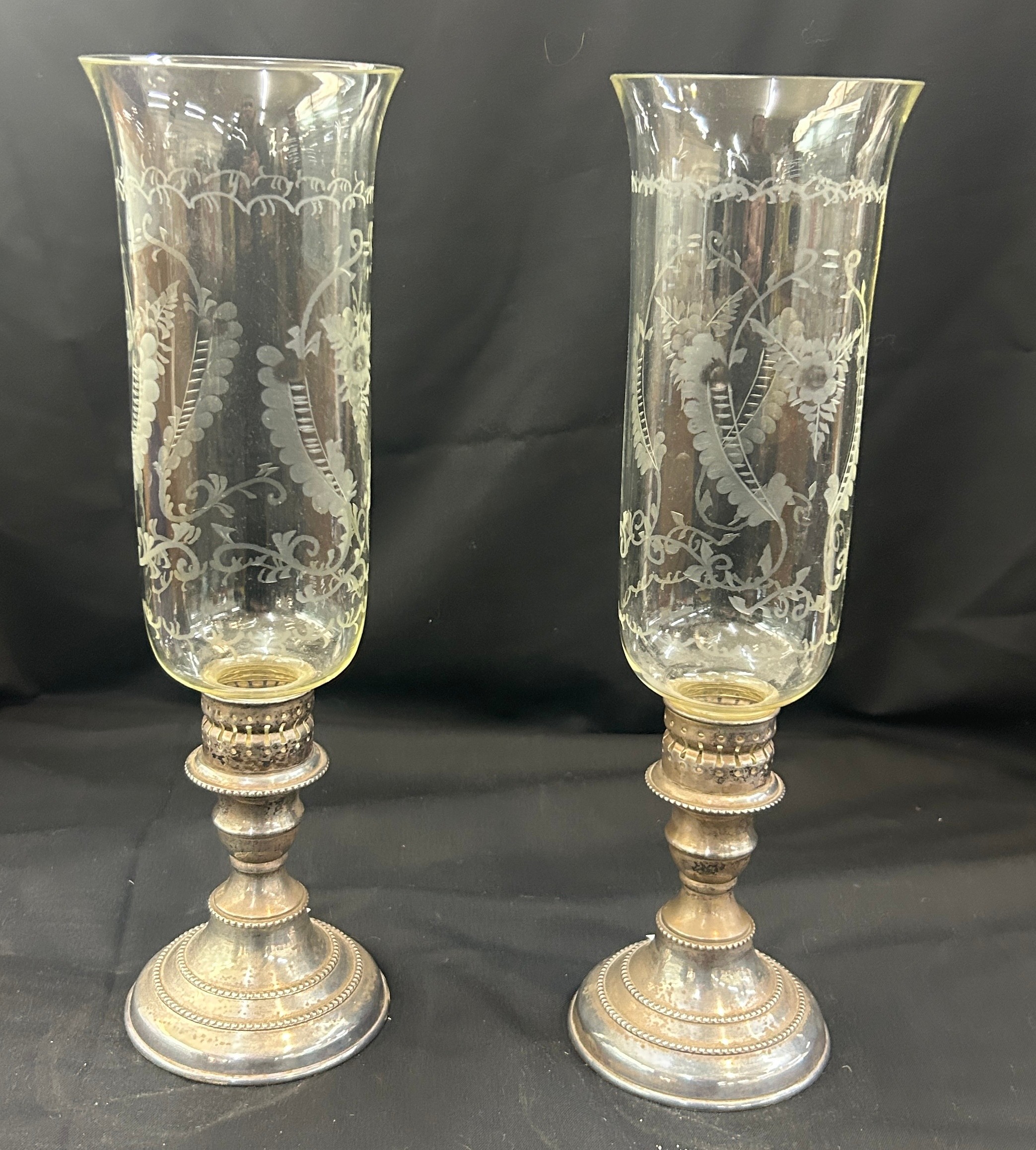 Pair of vintage etched glass celery vases overall height approximately ...