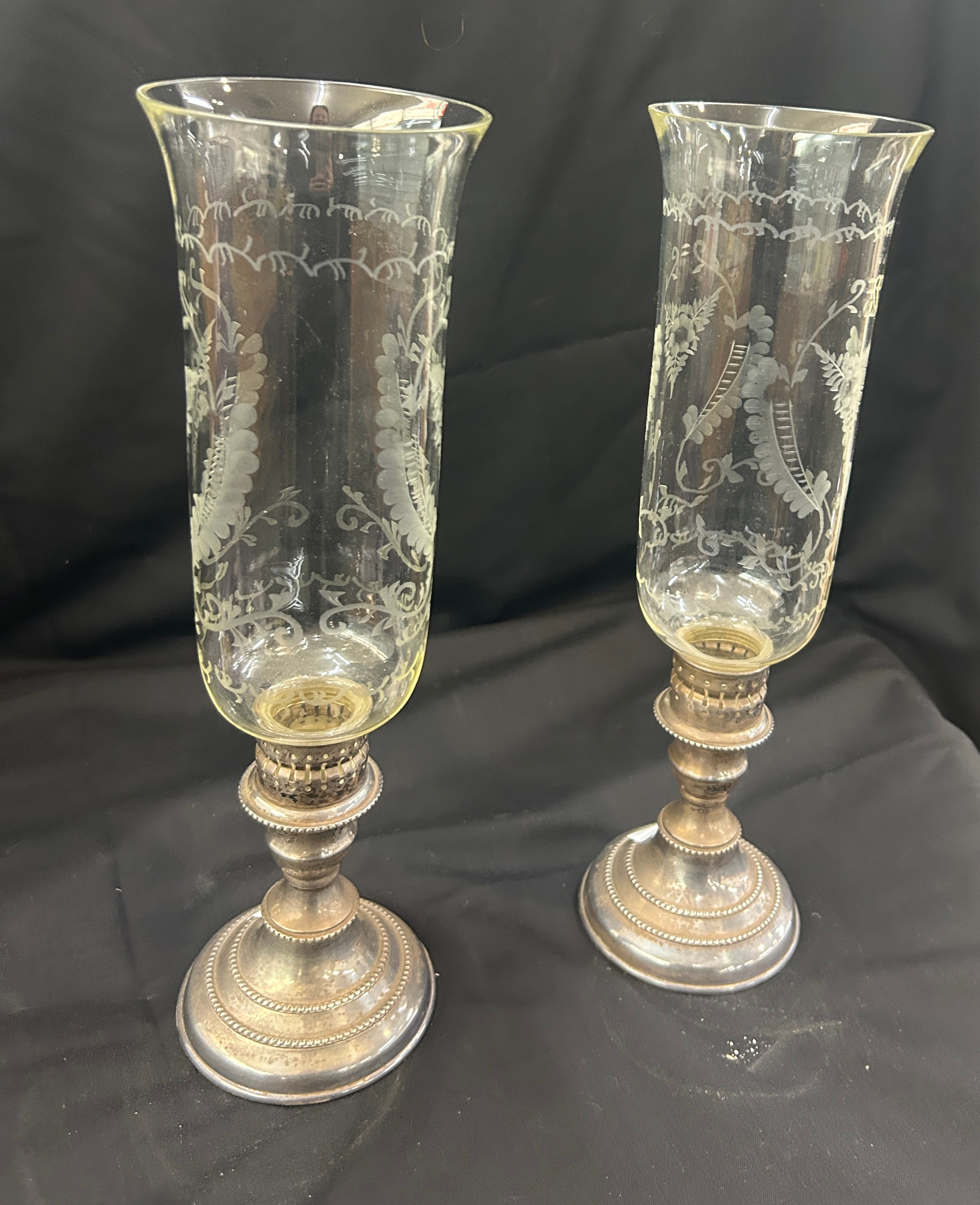 Pair of vintage etched glass celery vases overall height approximately ...