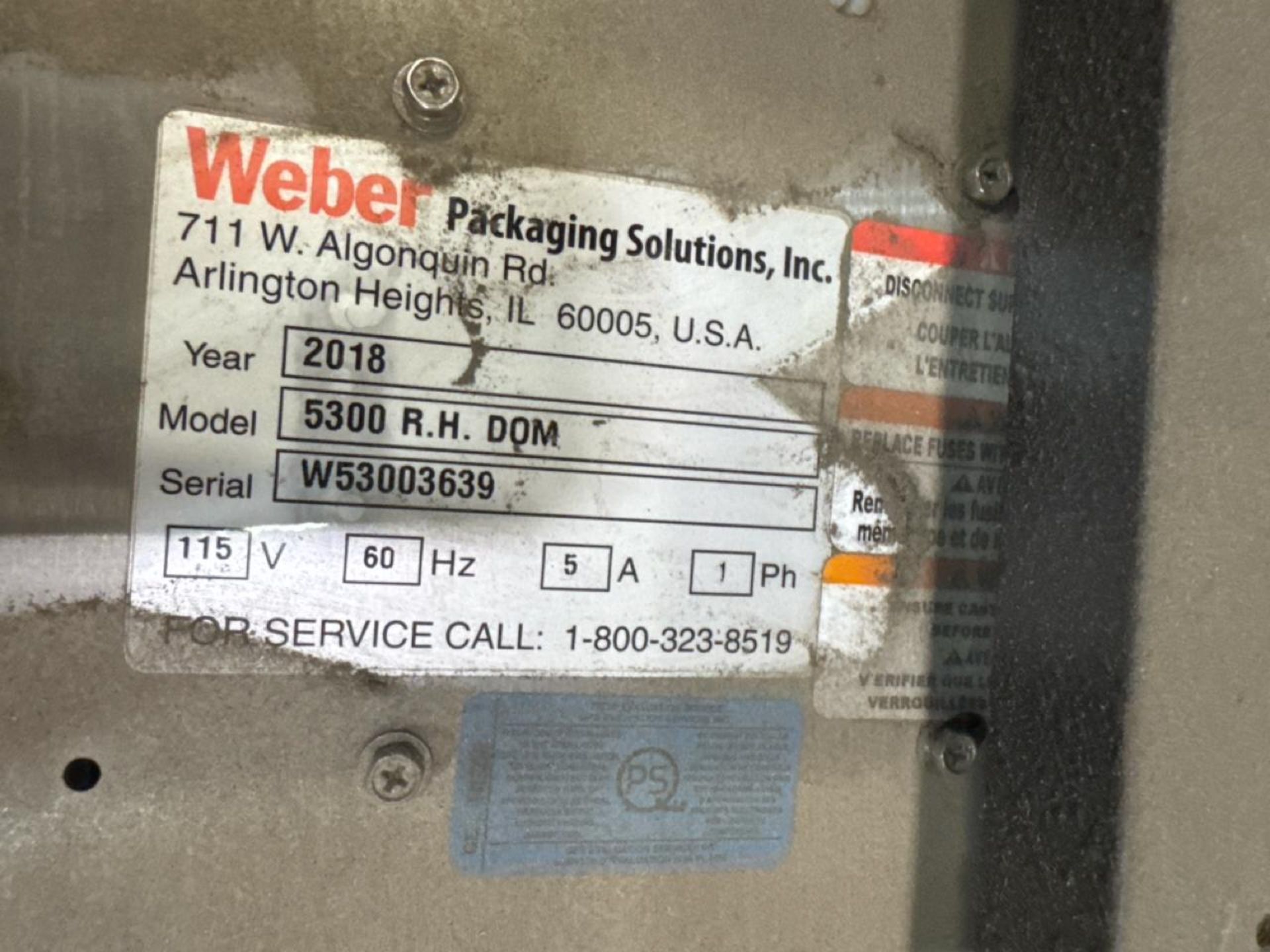 Weber labeler, mod. 5300 R.H. DOM, ser. no. W53003639 w/ belt conveyor ...