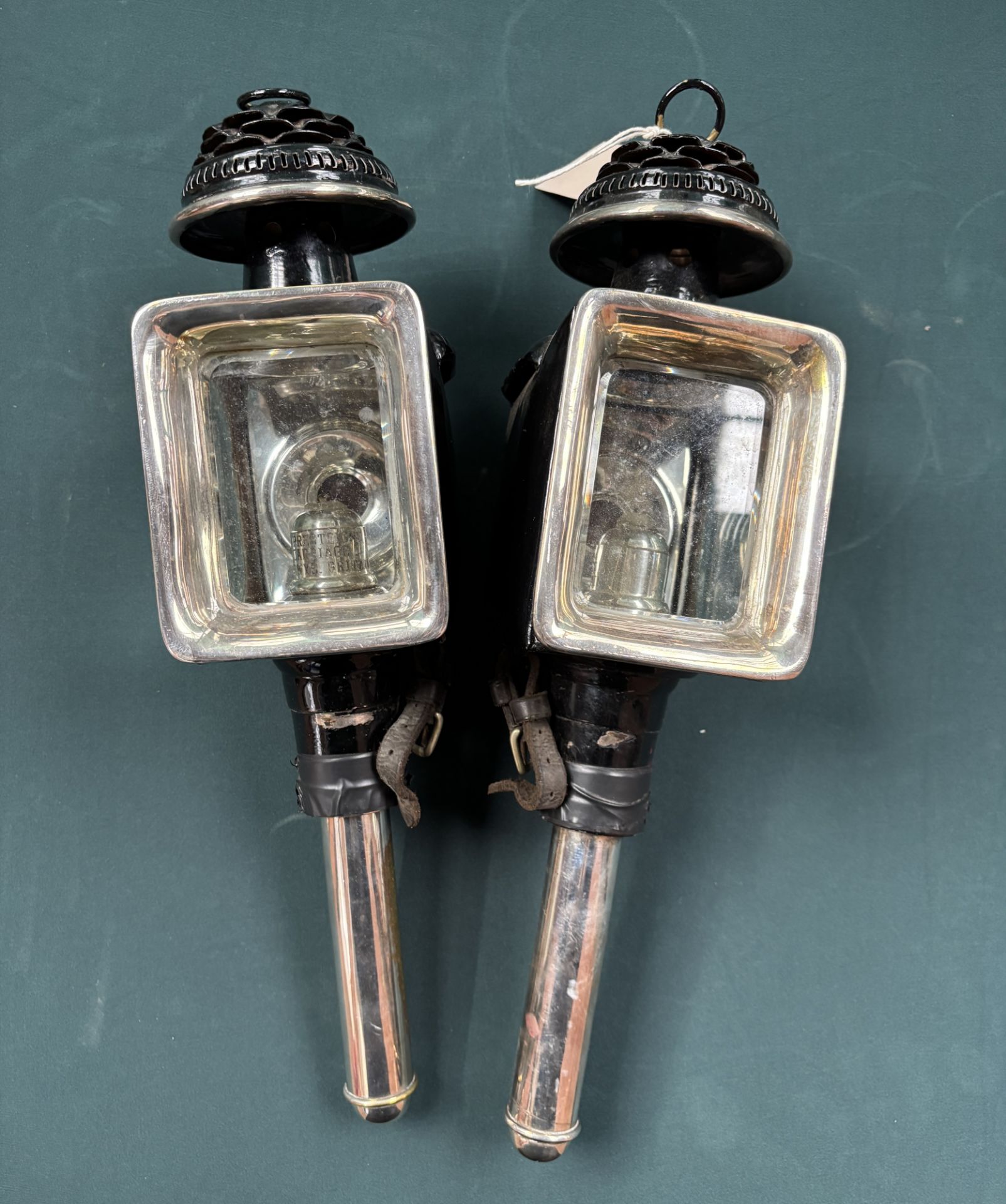 Pair of square fronted white metal lamps