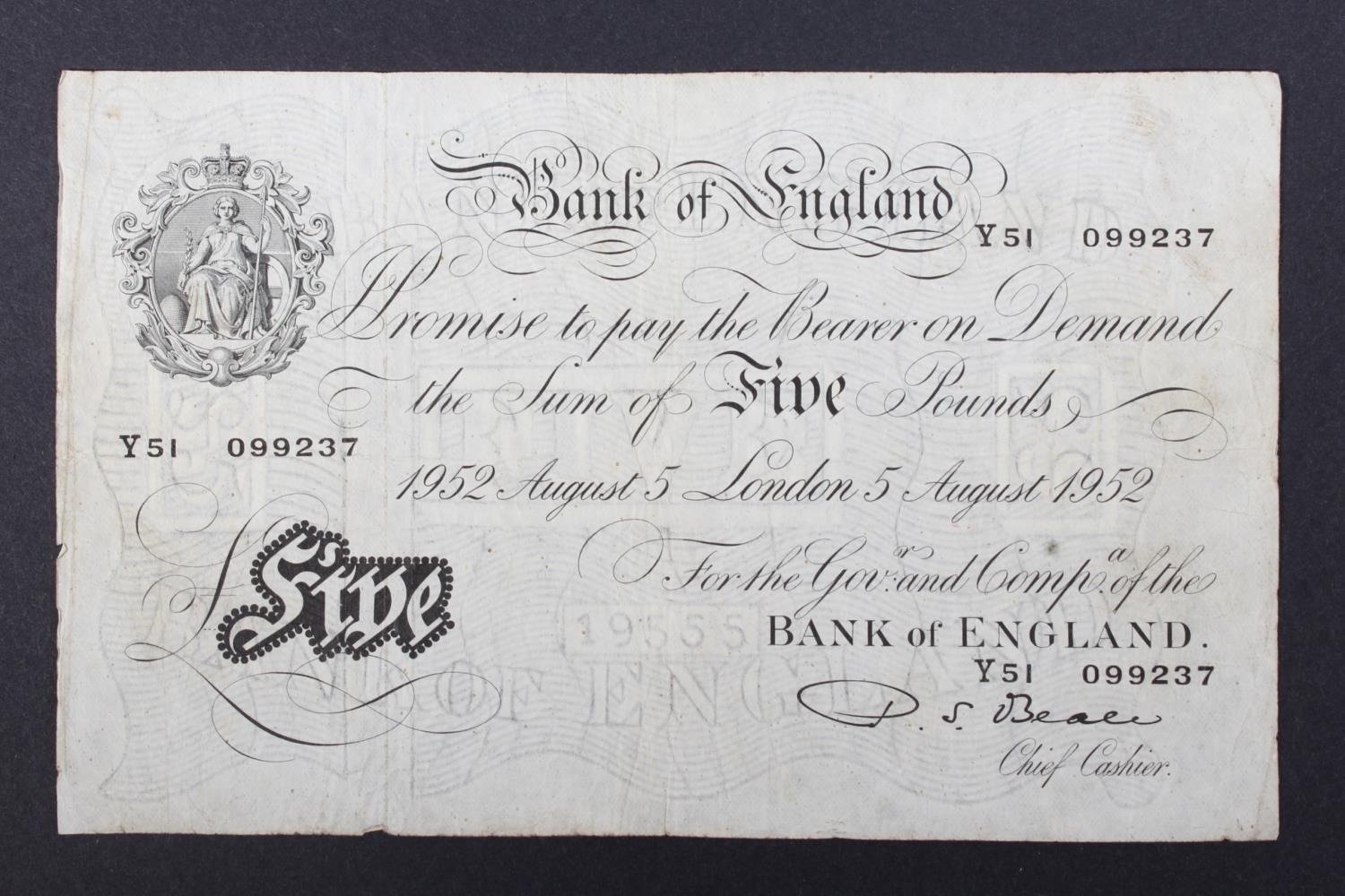 BANK OF ENGLAND five pound £5 banknote 5th August 1952, Beale, Y51 ...