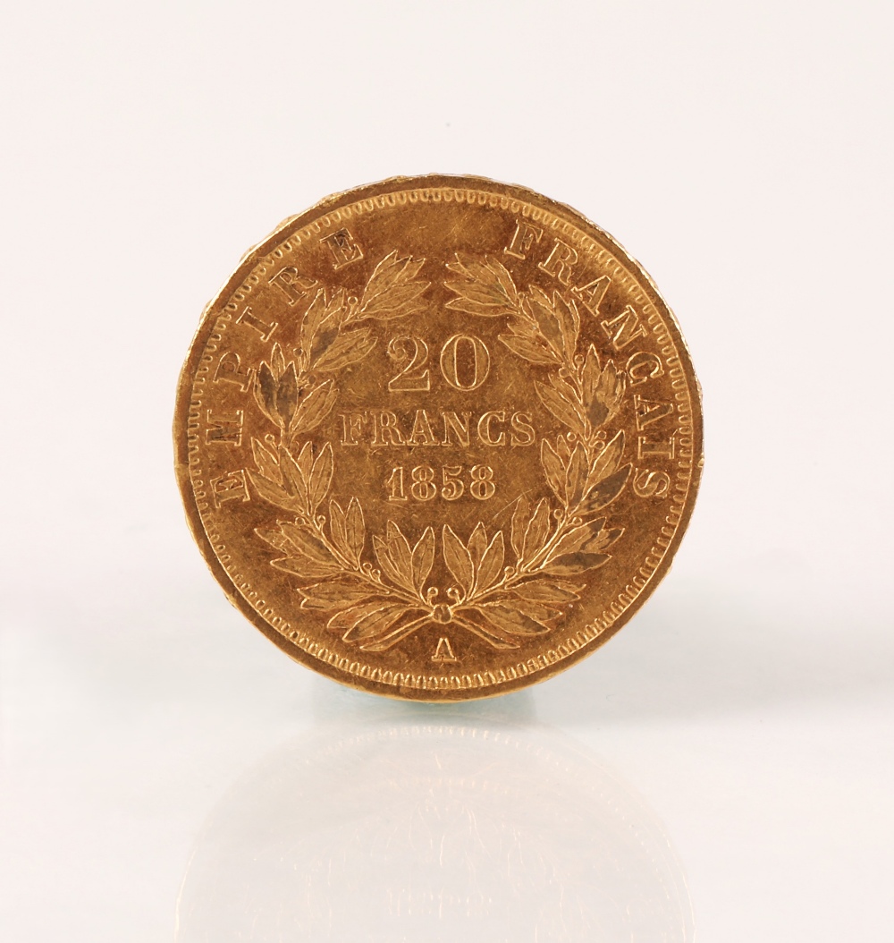 Napoleon III French 20 Francs gold coin 1858, weight 6.4 grams