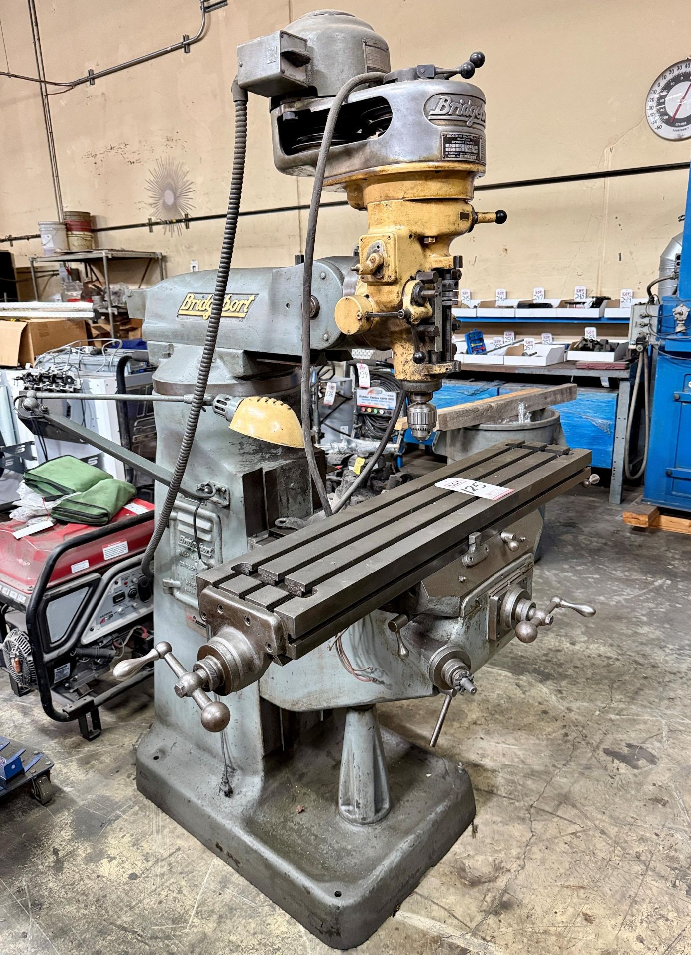 BRIDGEPORT VERTICAL MILL, 9" X 42" TABLE, S/N 56485, J-HEAD S/N J46259 ...