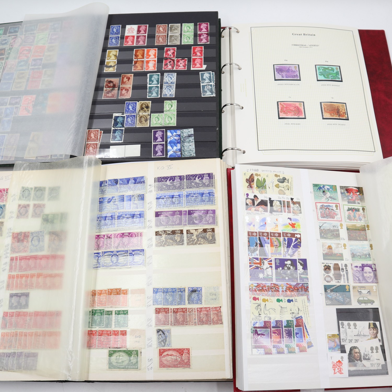 Four stock books of GB used stamps, one near empty, one with blocks. UK ...