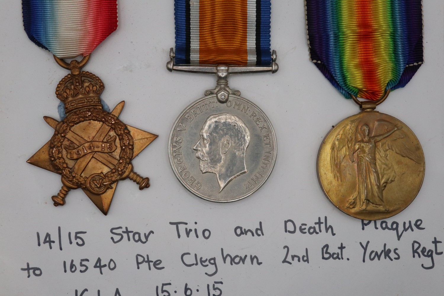 WWI Death plaque and medal group of three, to 16540 PTE M LEGHORN 2nd ...