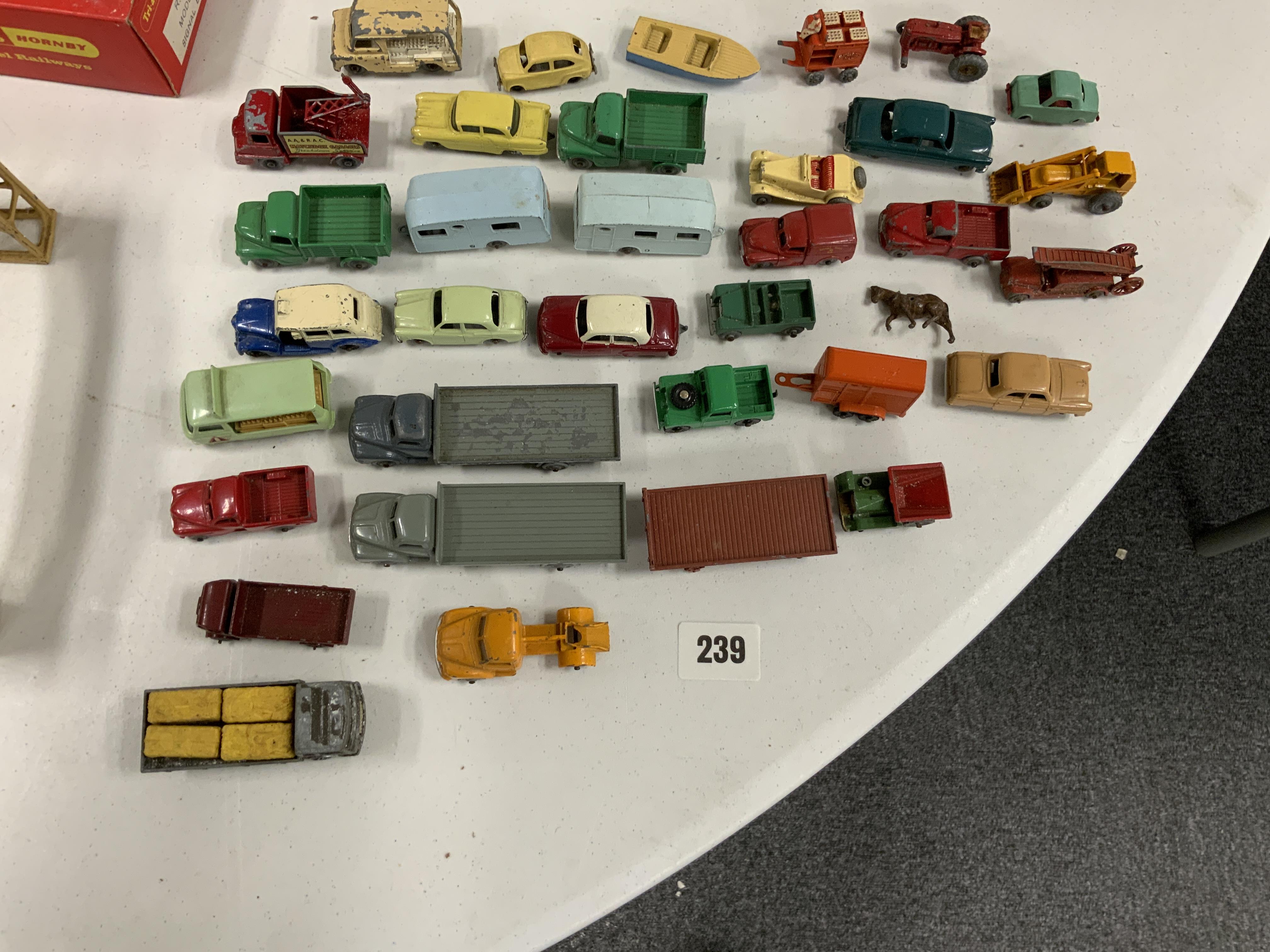 COLLECTION OF LESNEY & DINKY TOY CARS, CARAVANS, MILK FLOATS ETC VARY ...