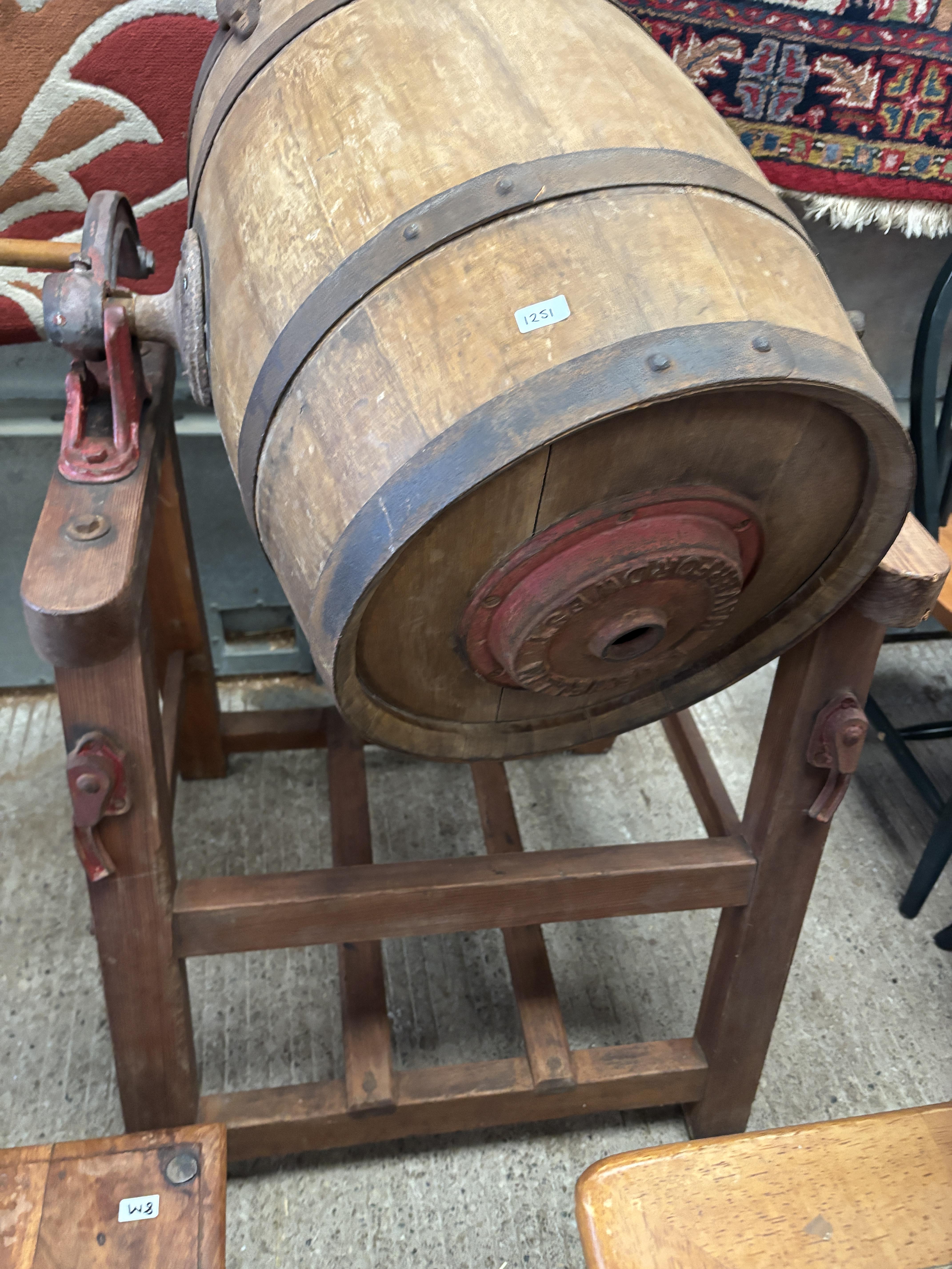 ANTIQUE BUTTER CHURN ON STAND, LLEWELLIN HAVERFORDWEST