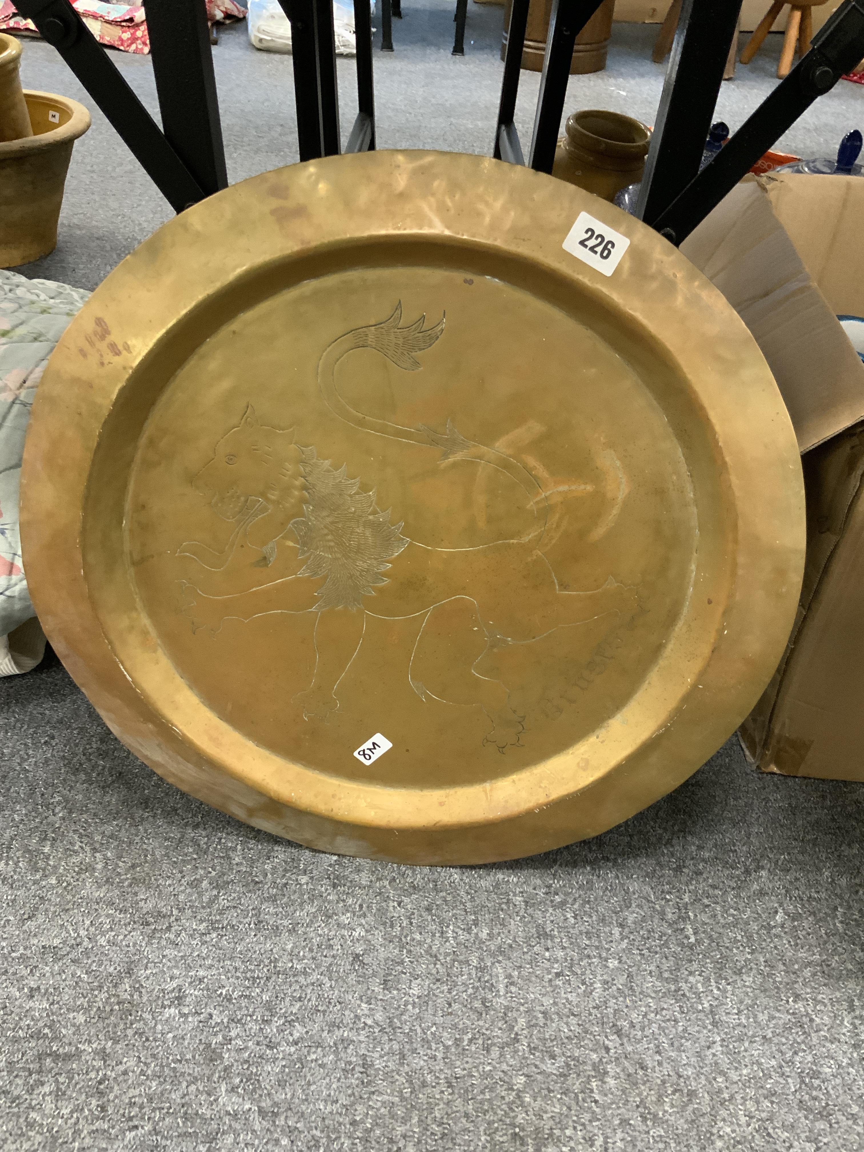 LARGE BRASS TRAY, EMBOSSED LION