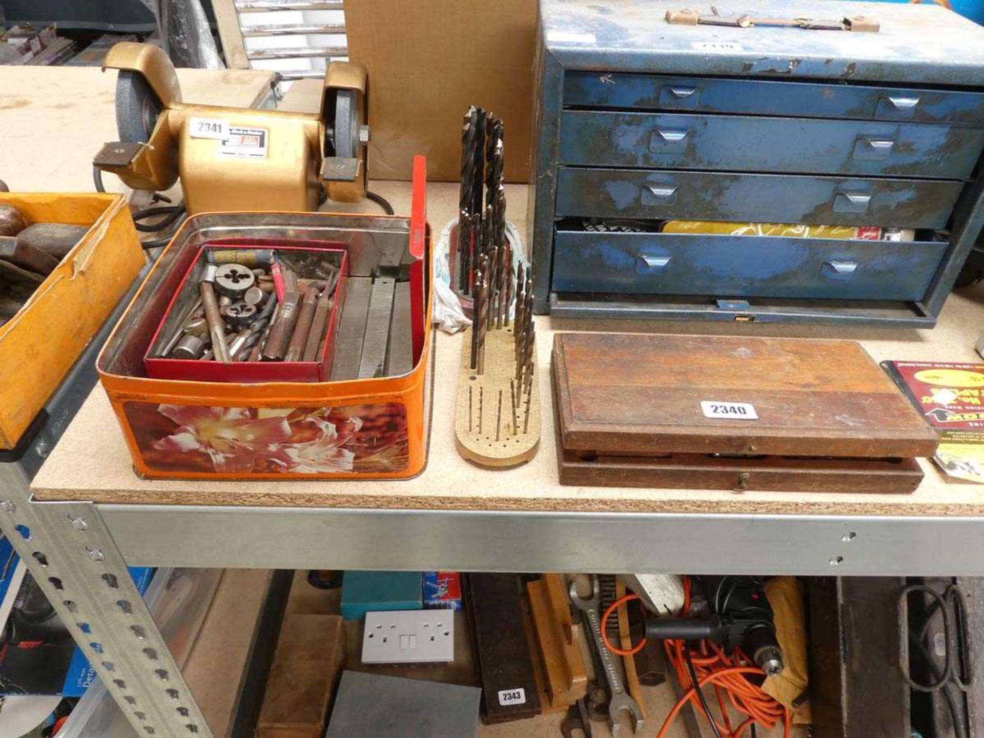 Cased tap and die set with crate containing tap and dies, drill bits, etc.