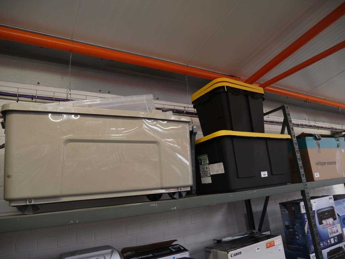 +VAT Shelf of storage including black plastic crates with yellow lids ...