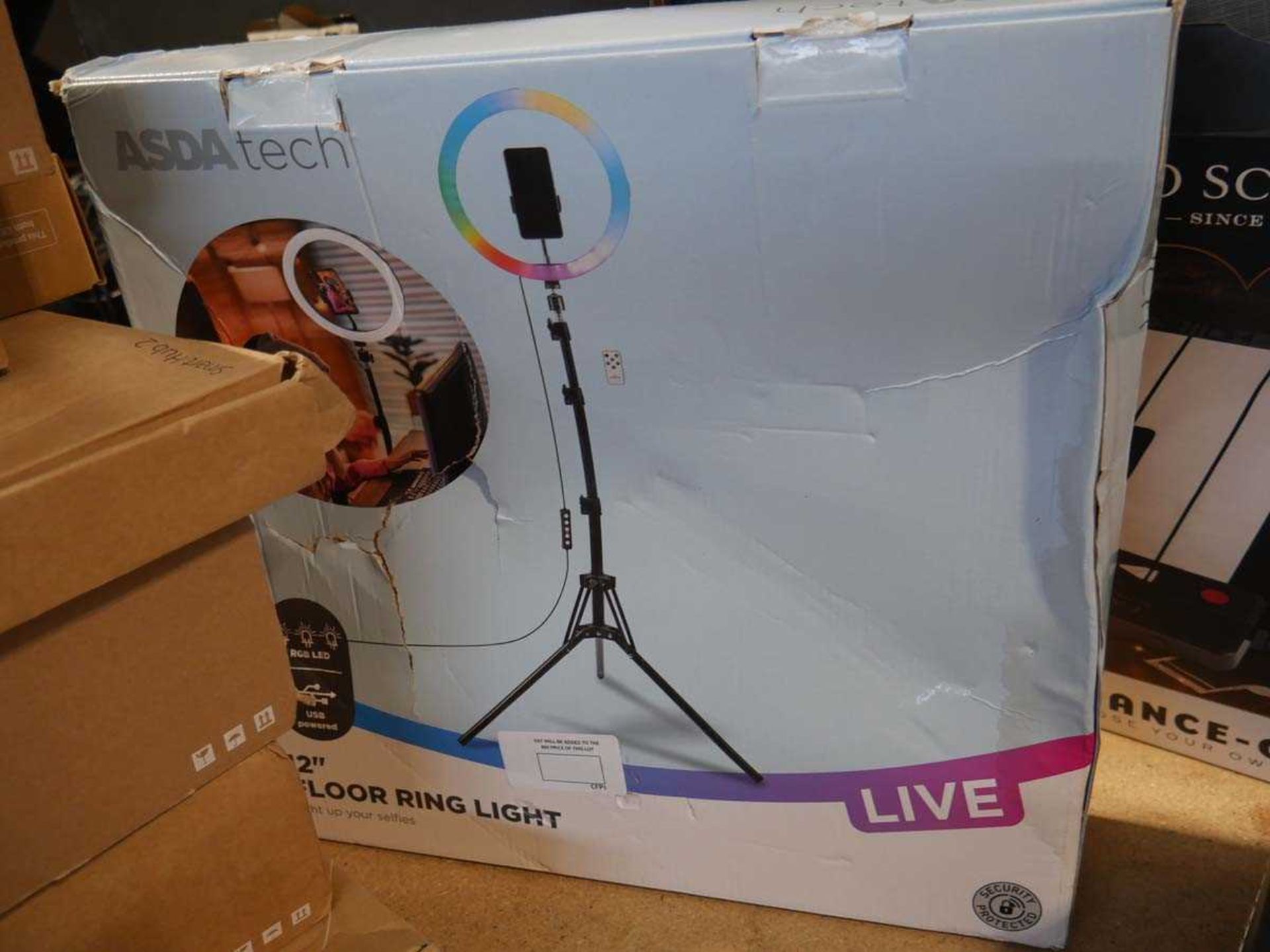 +VAT An assortment of various tech to include Asda tripod light, Asda ...