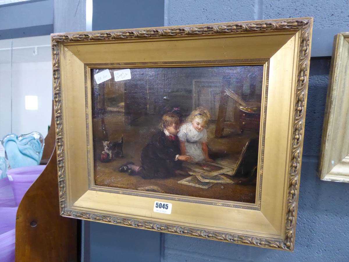 Oil on board - Children in the parlour signed James Cole