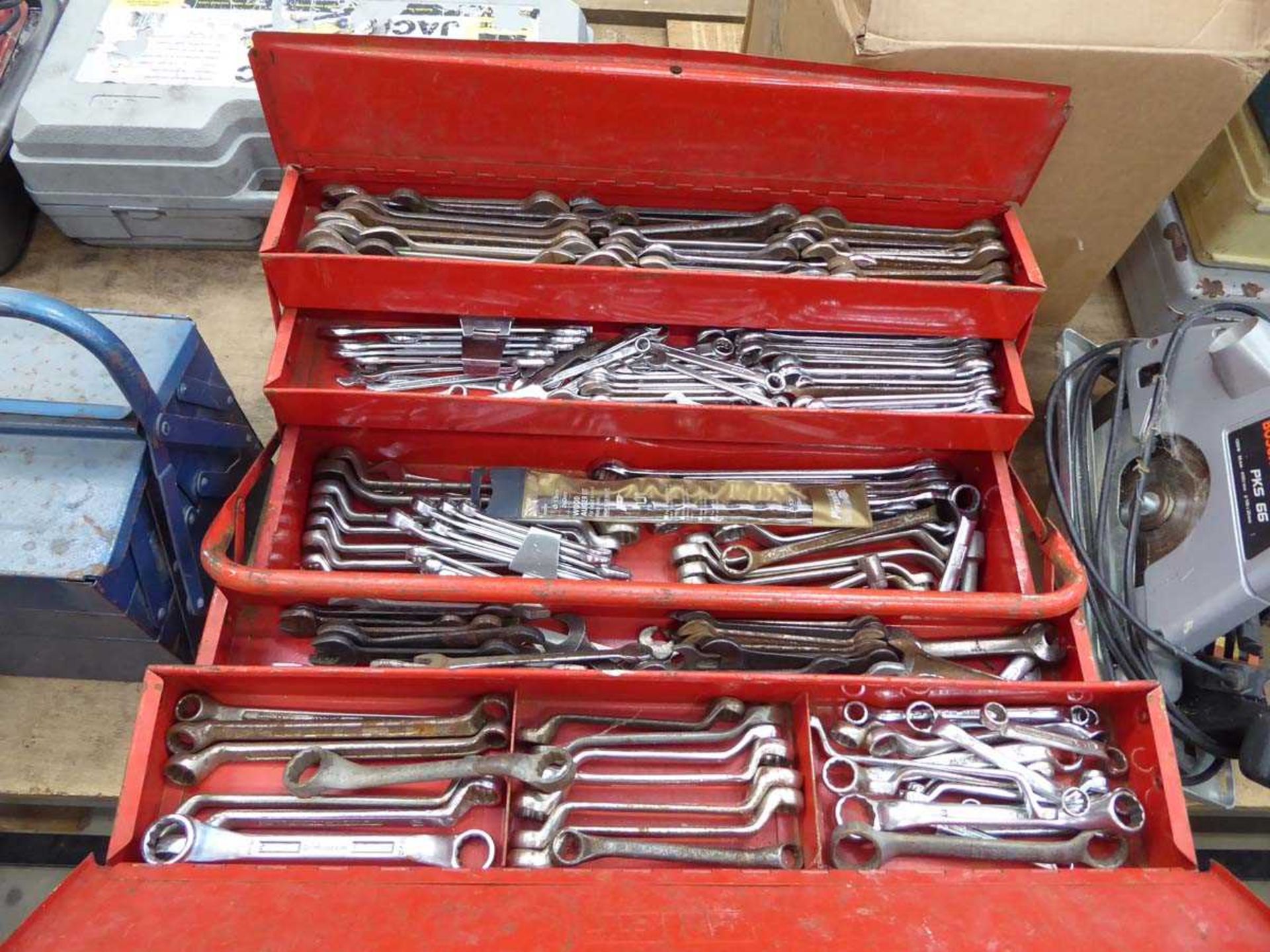 Talco red toolbox with an assortment of tools to include spanners, ring ...