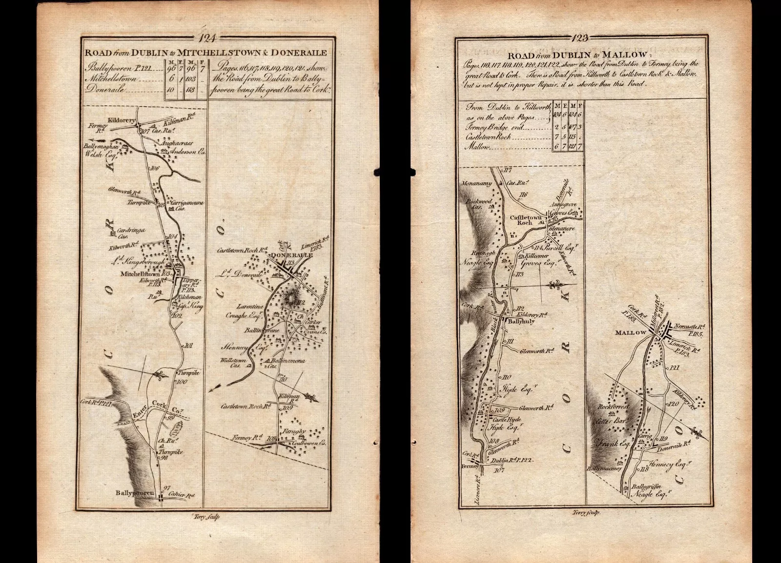 Ireland Rare 1778 Antique 247 Years-Old Road Map Dublin to Mitchelstown ...