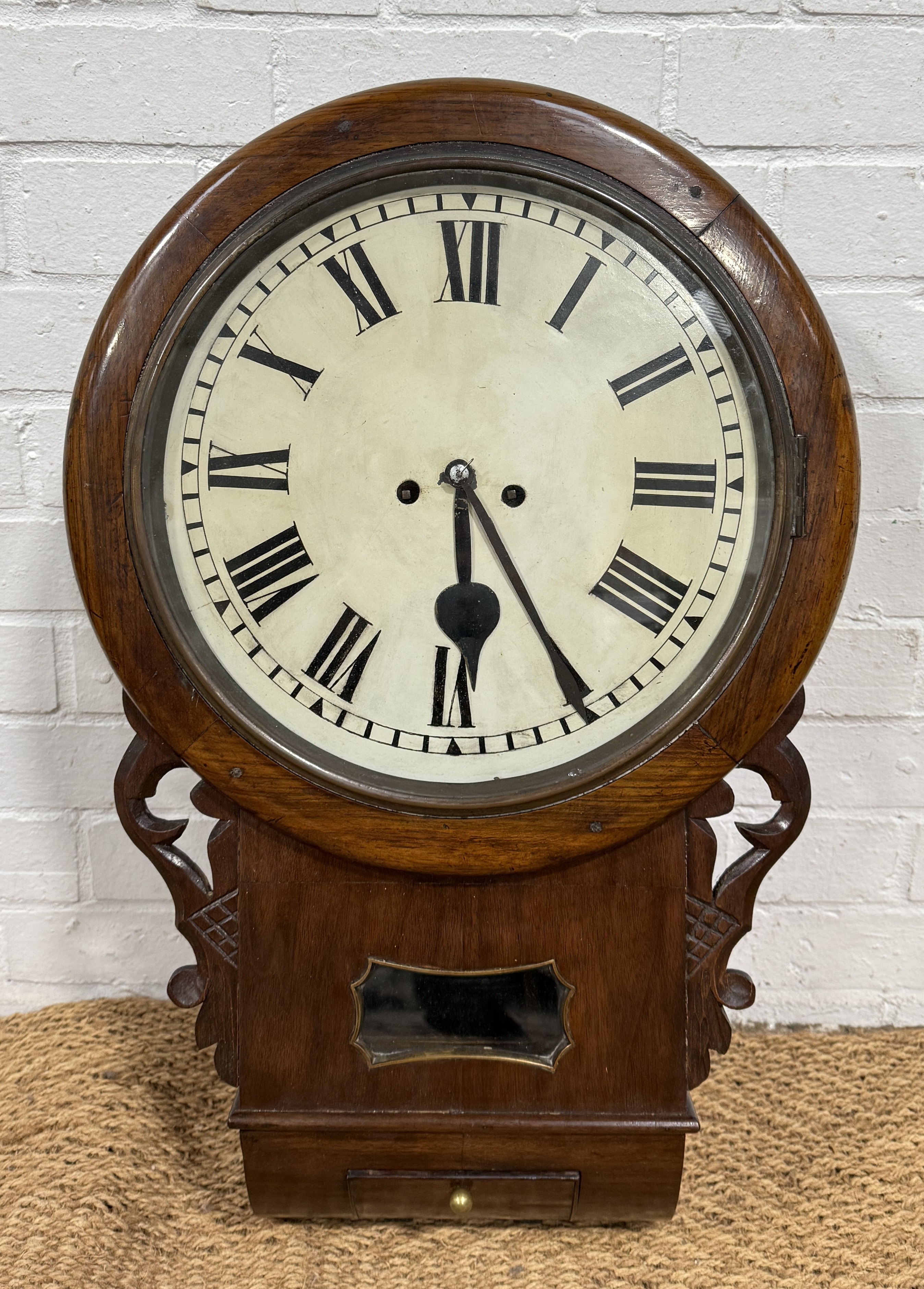 AN ANTIQUE MAHOGANY DOUBLE FUSEE WALL CLOCK 66 x 40 cm