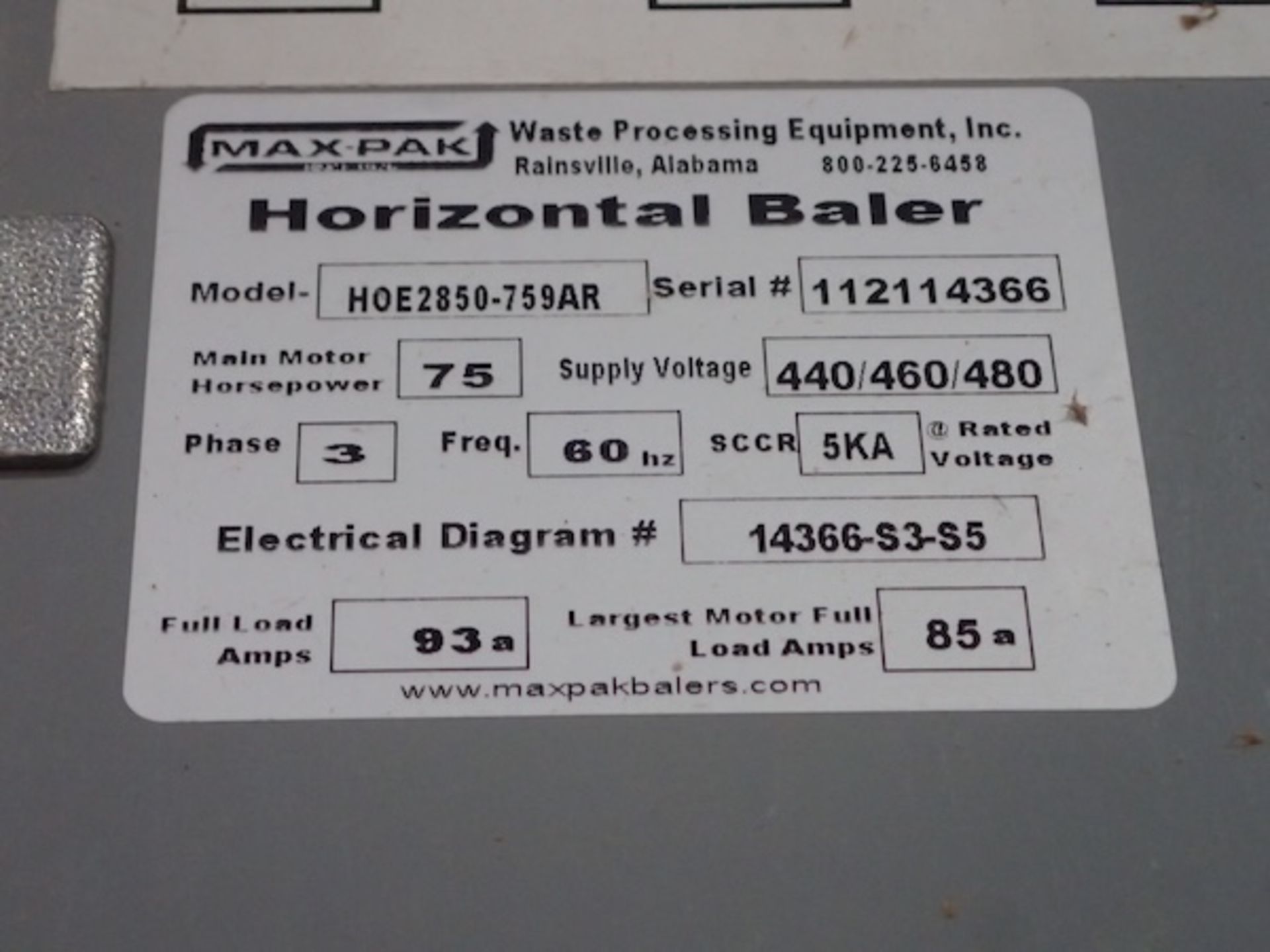 Max-Pak 75-HP Model HOE2850-759AR Horizontal Open End Baler, S/N ...