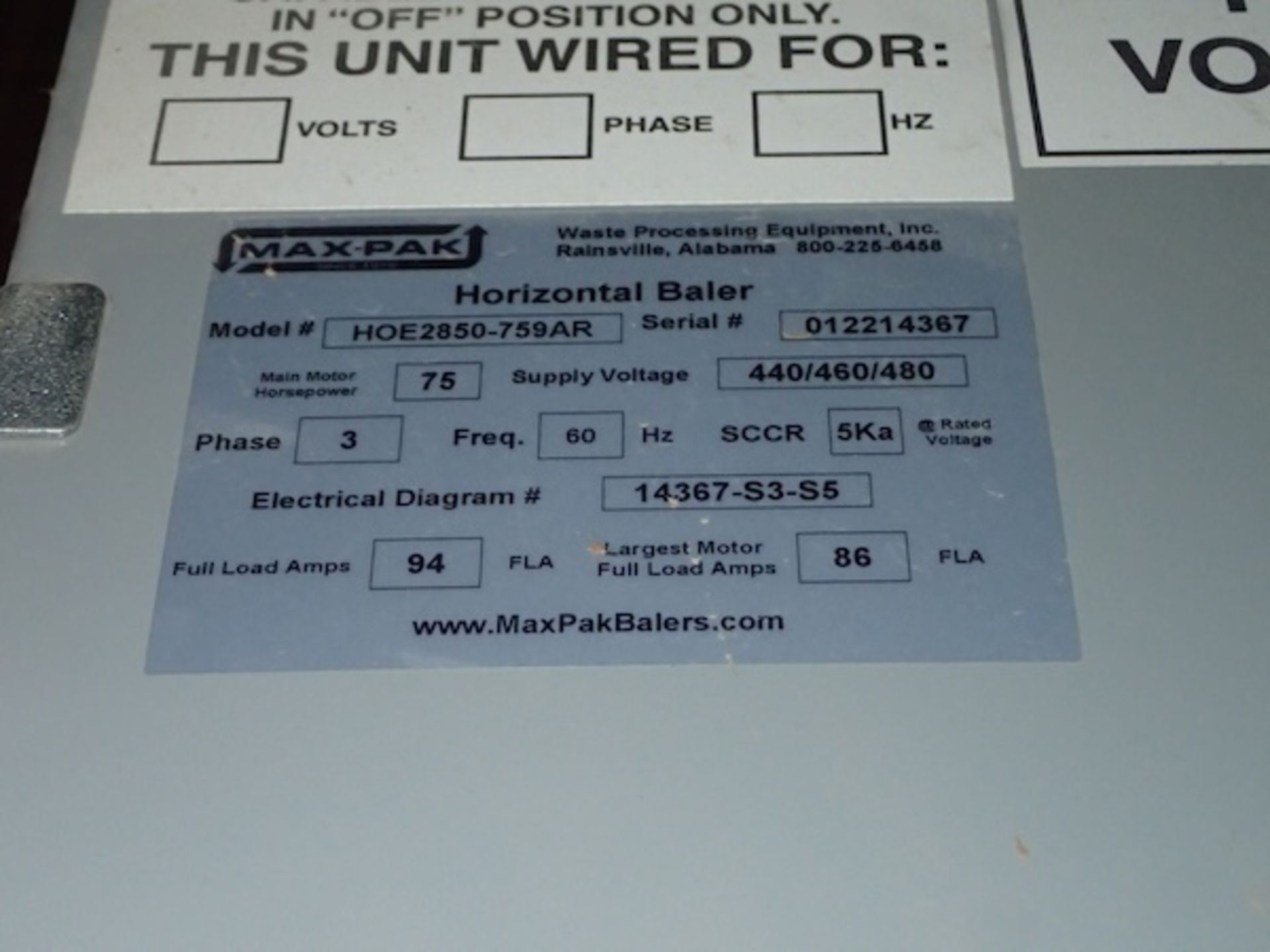 Max-Pak 75-HP Model HOE2850-759AR Horizontal Open End Baler, S/N ...