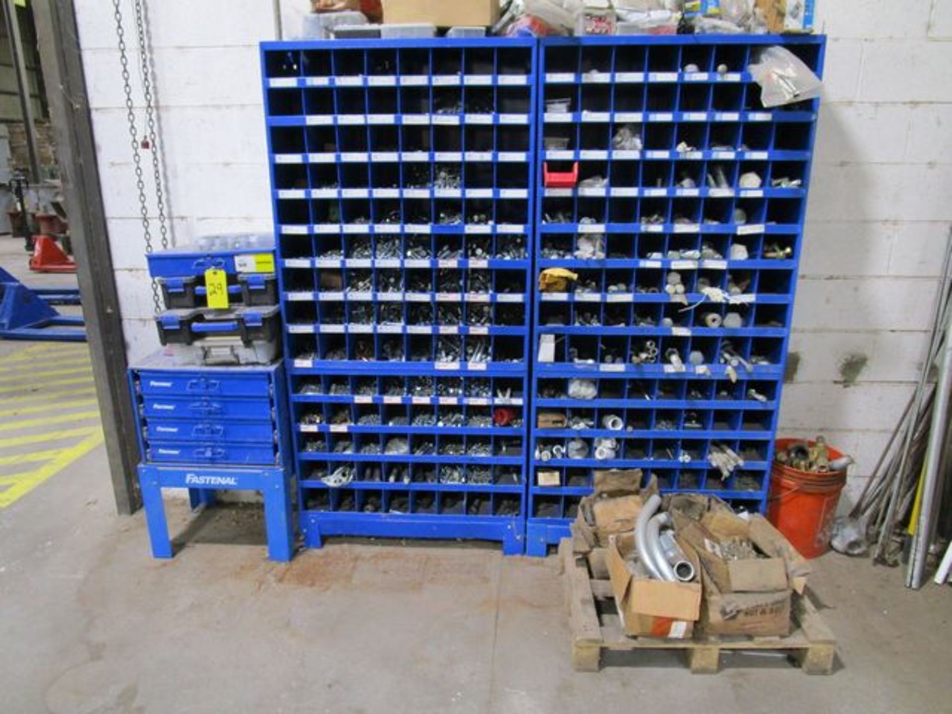 Lot - (2) Fastenal Nut & Bolt Bins, (1) Fastenal 4-Drawer Bin & Uline ...
