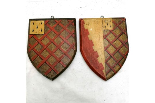 2 antique hand painted Armourial wall shields 21cm long x 16cm wide