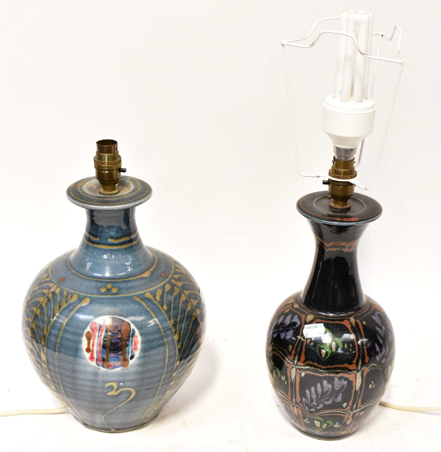 DAVID FRITH; two porcelain lamps, one of bulbous form, blue with ...
