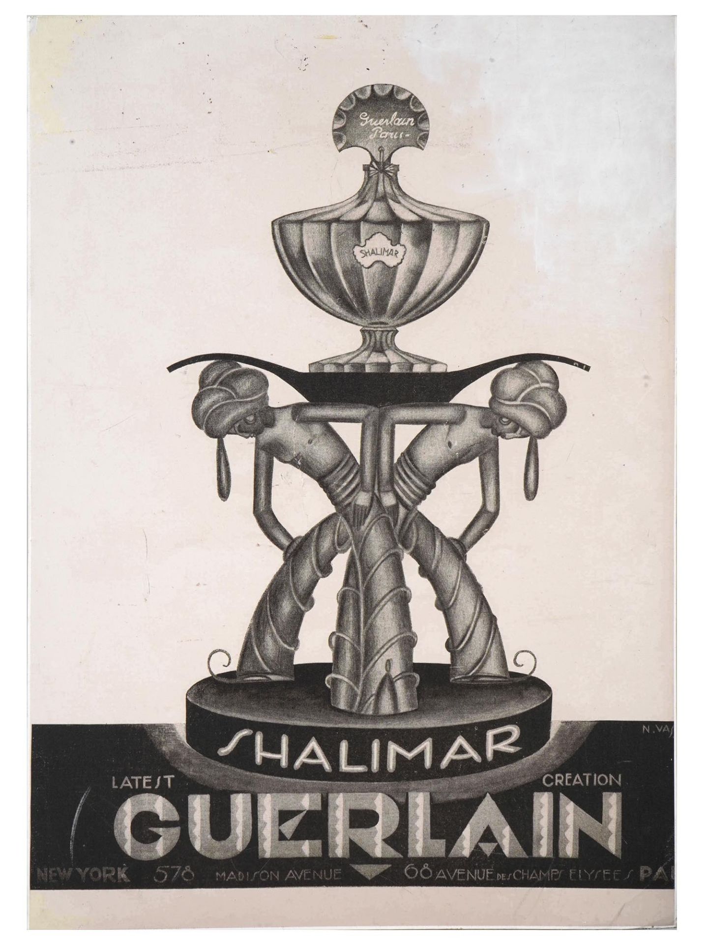 A vintage Guerlain poster on canvas board, featuring an Art Deco style ...