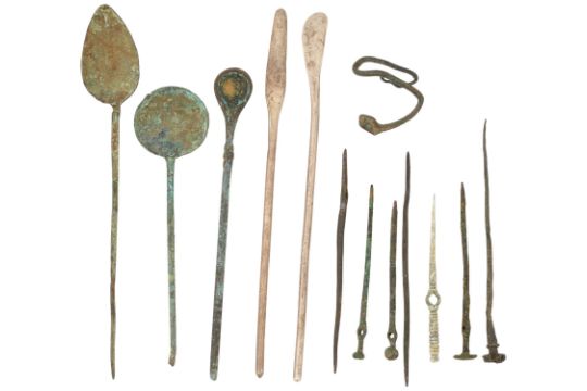 A lot of Ancient Roman medical or cosmetic bronze and silver tools ...