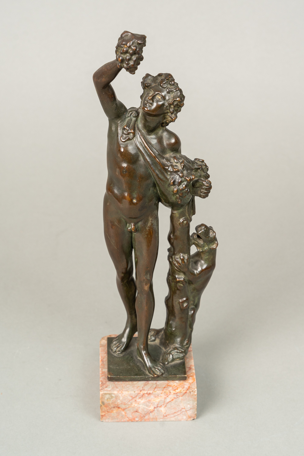 Bacchus, bronze sculpture with original patina on red and grey marble ...