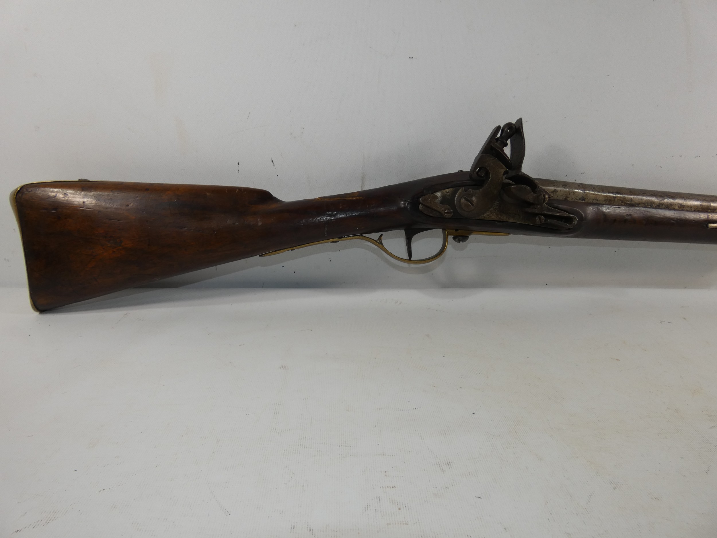 AN ANTIQUE FINTLOCK DOG LOCK MUSKET, 94CM BARREL, WOODEN STOCKED WITH ...