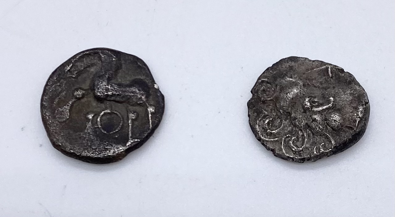 Two Iron Age Aedui silver Quinarii one with Celticised head with curled ...