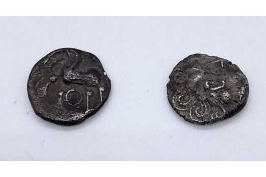 Two Iron Age Aedui silver Quinarii one with Celticised head with curled ...