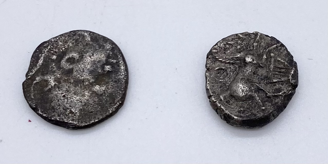 Two Iron Age Aedui silver Quinarii one with Celticised head with curled ...