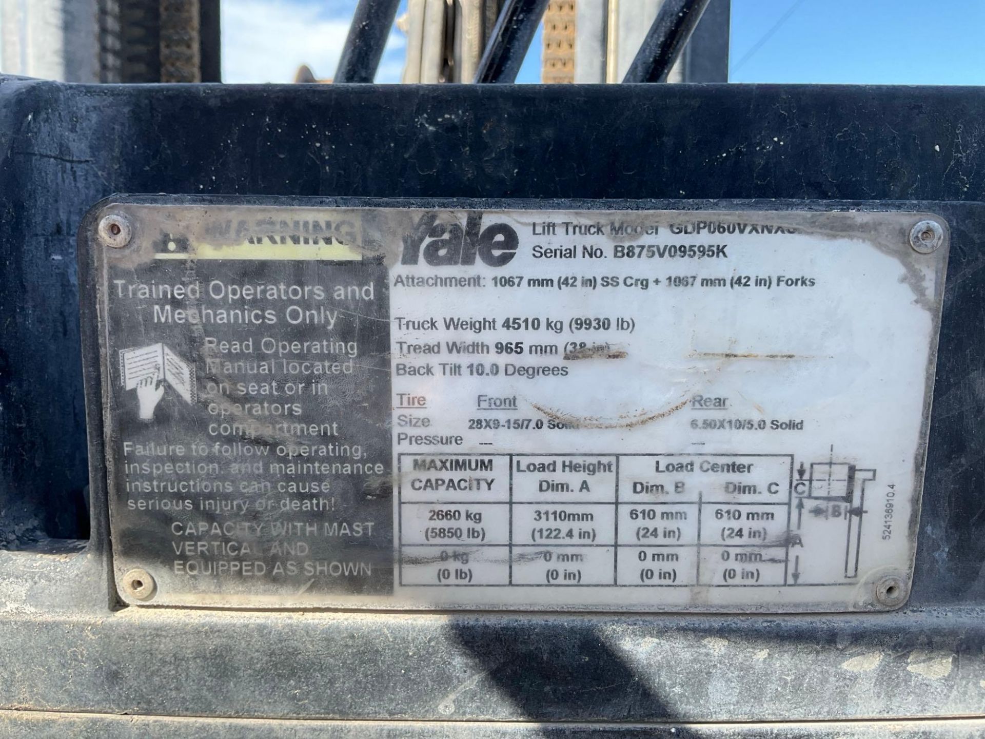 YALE FORKLIFT MODEL GDP060V, DIESEL, APPROX MAX CAPACITY 5850LBS ...