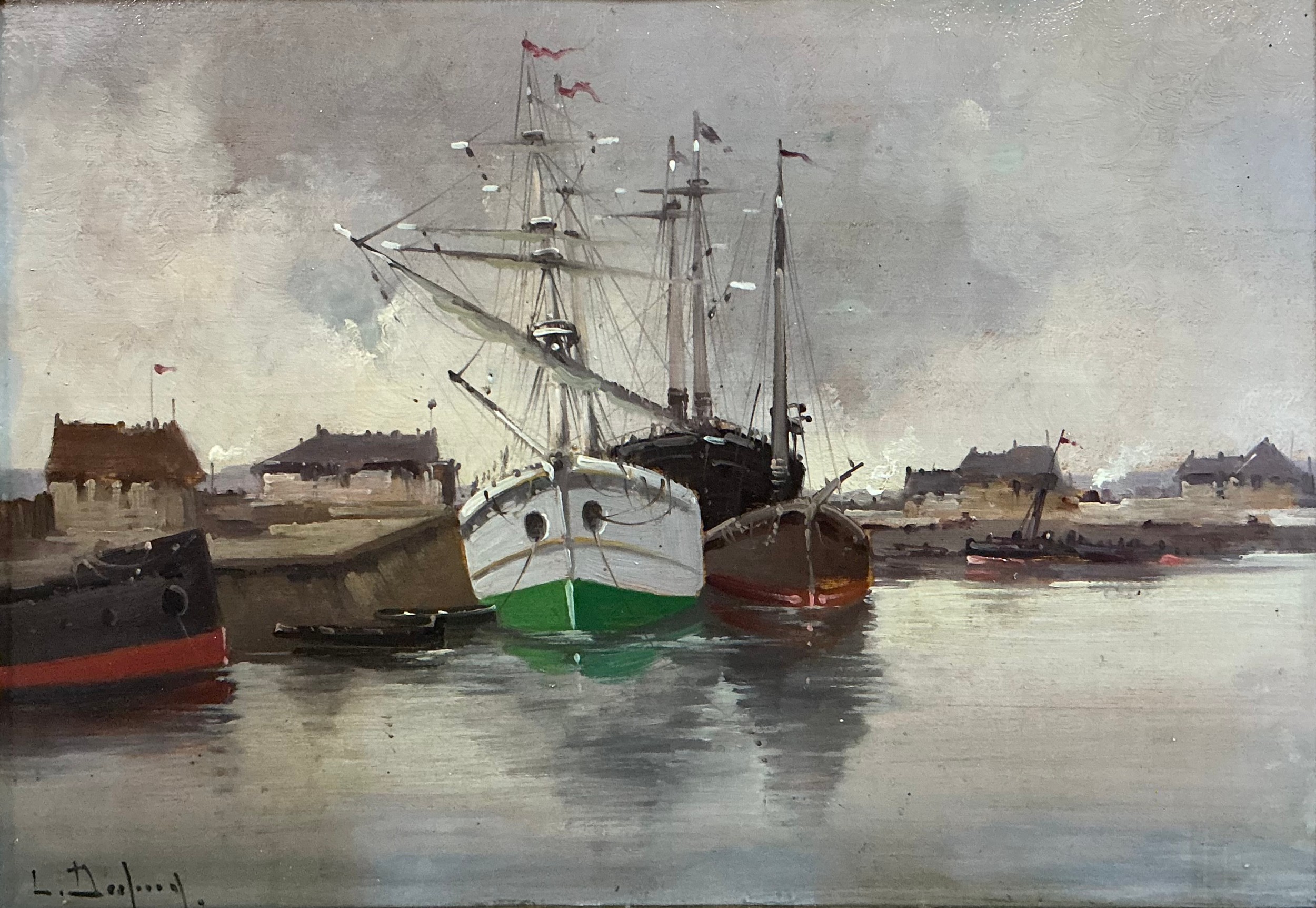 Eugène Galien-Laloue (French 1854-1941) Navires à Quai, (Ships at the ...