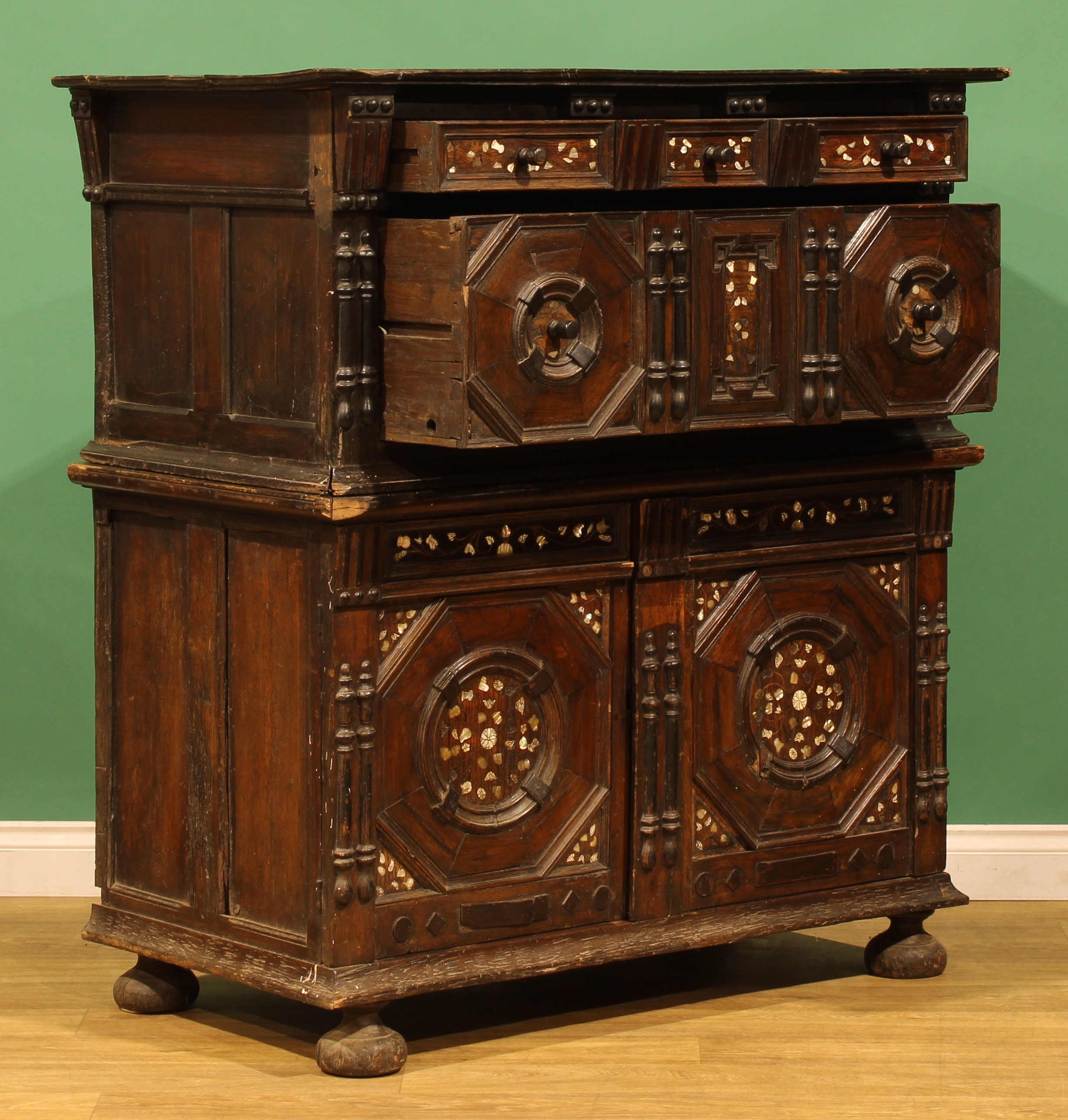 An 18th century Dutch or Anglo-Dutch oak and ivory and mother of pearl ...