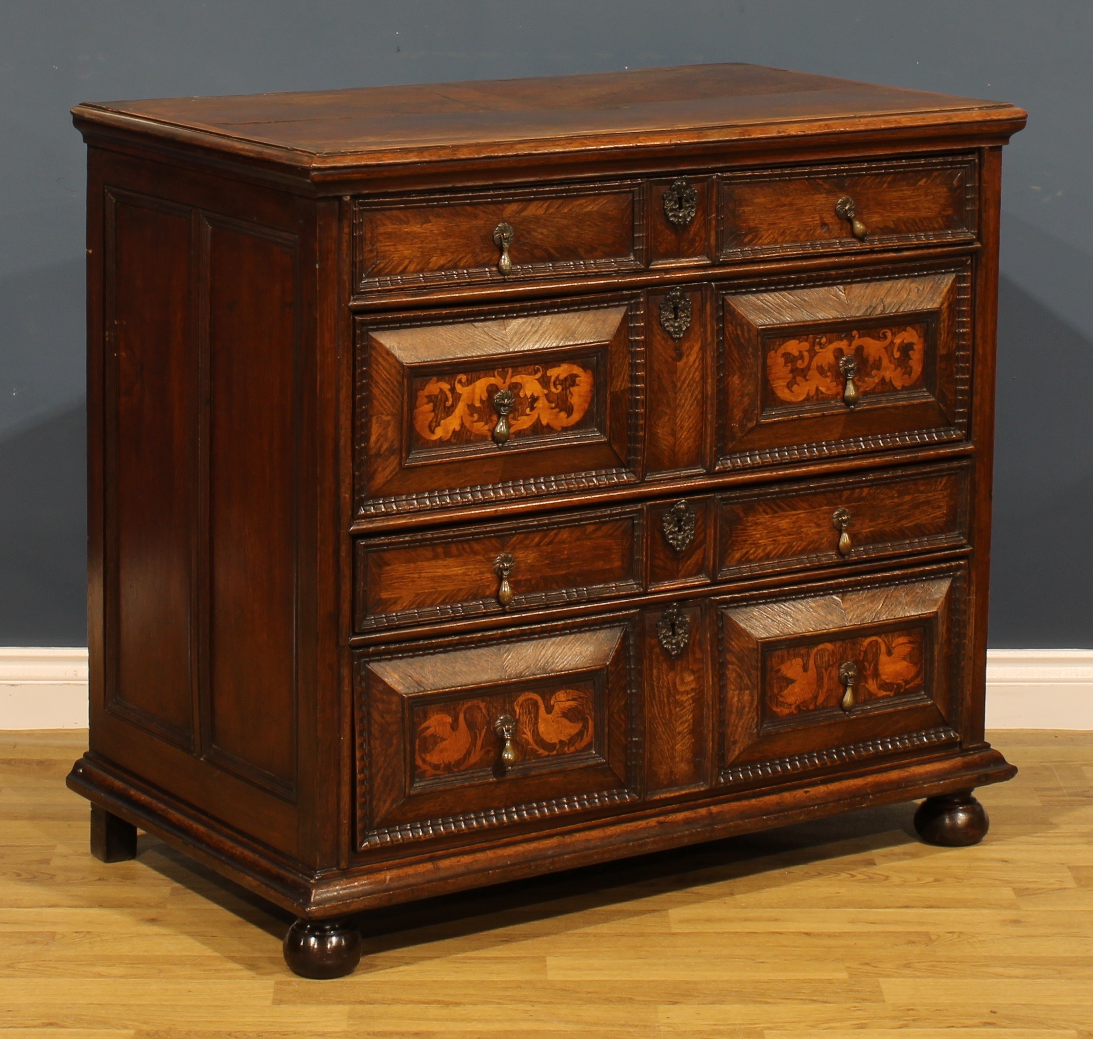 A 17th century style oak chest, possibly a 19th century Wardour Street ...