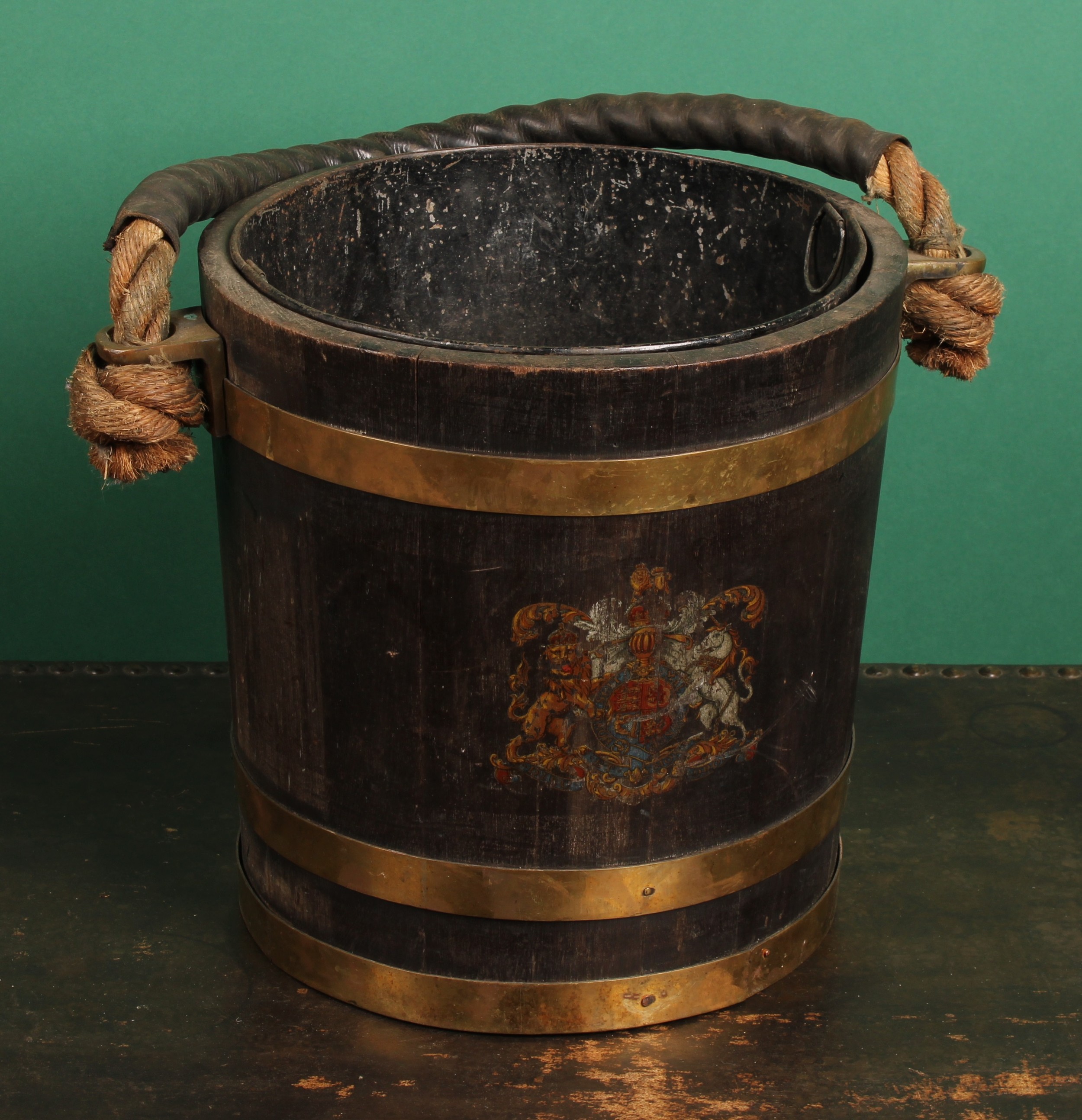 Maritime Salvage - a coopered fire bucket, printed with the coat of ...