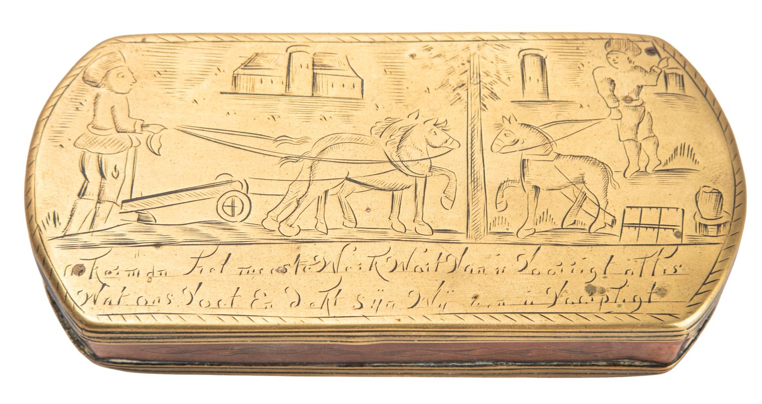A Dutch brass and copper tobacco box, dated 1810; rectangular with ...