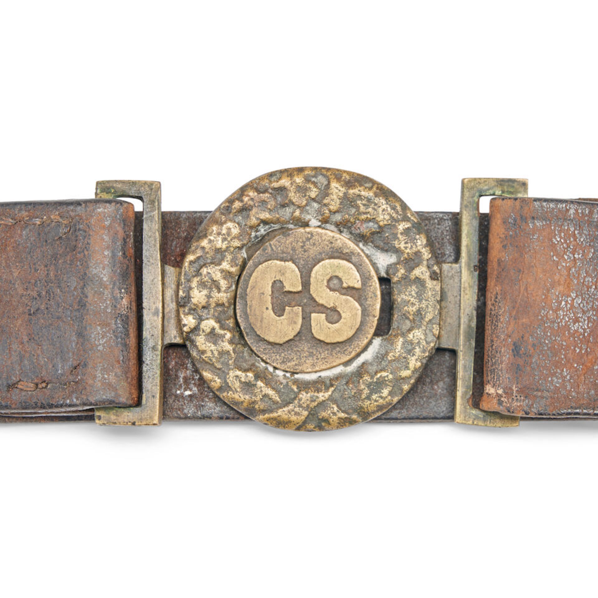 A CIVIL WAR TWO PIECE 'CS' SWORD BELT BUCKLE AND ORIGINAL LEATHER BELT ...