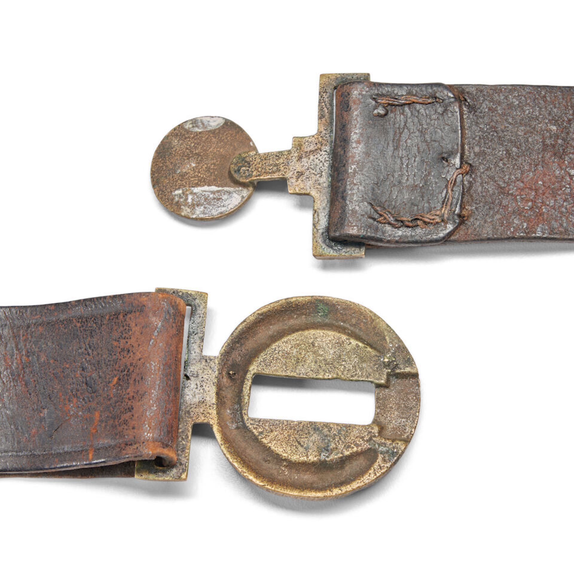 A CIVIL WAR TWO PIECE 'CS' SWORD BELT BUCKLE AND ORIGINAL LEATHER BELT ...