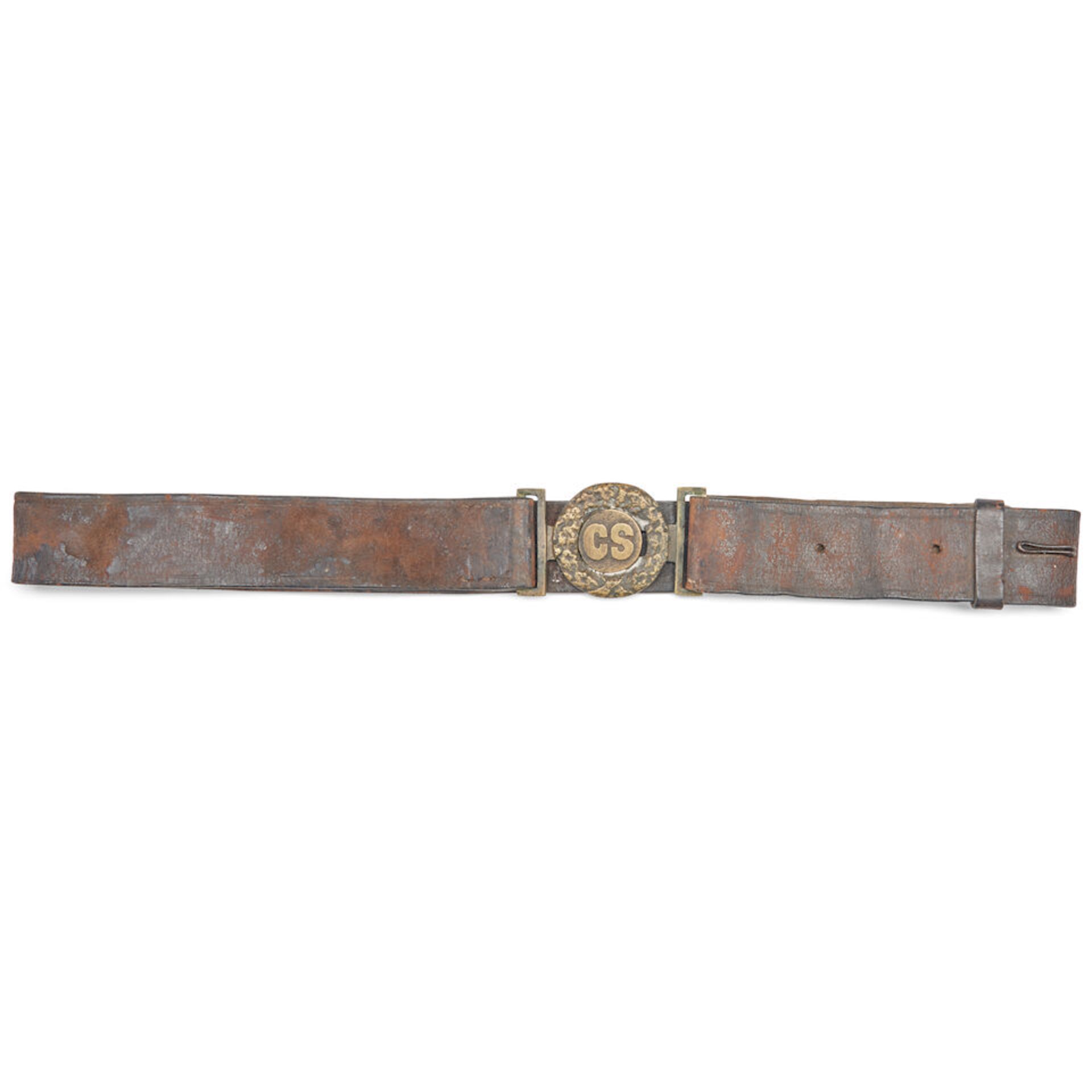 A CIVIL WAR TWO PIECE 'CS' SWORD BELT BUCKLE AND ORIGINAL LEATHER BELT ...