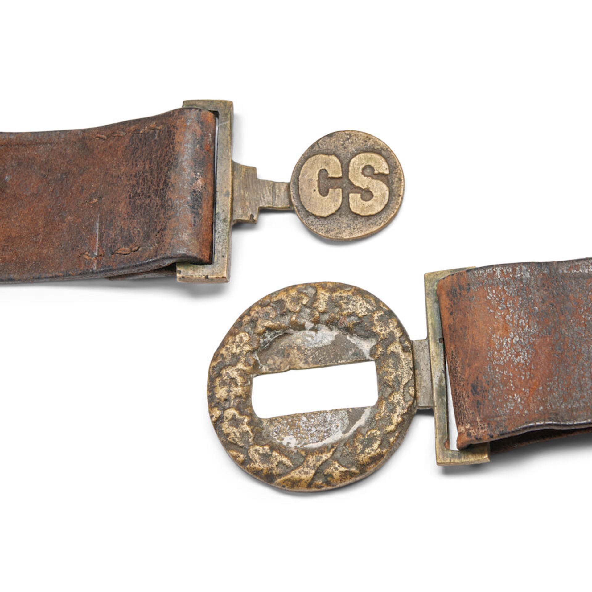 A CIVIL WAR TWO PIECE 'CS' SWORD BELT BUCKLE AND ORIGINAL LEATHER BELT ...