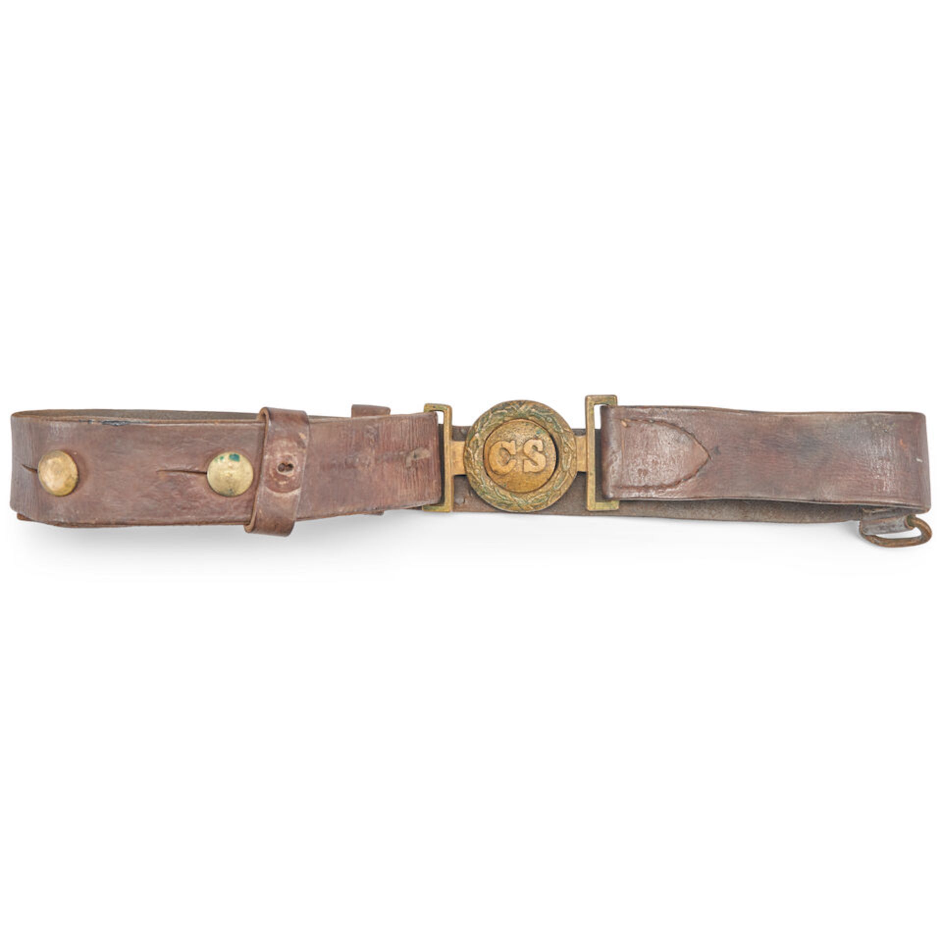 A CIVIL WAR TWO PIECE 'CS' SWORD BELT BUCKLE AND ORIGINAL LEATHER BELT ...