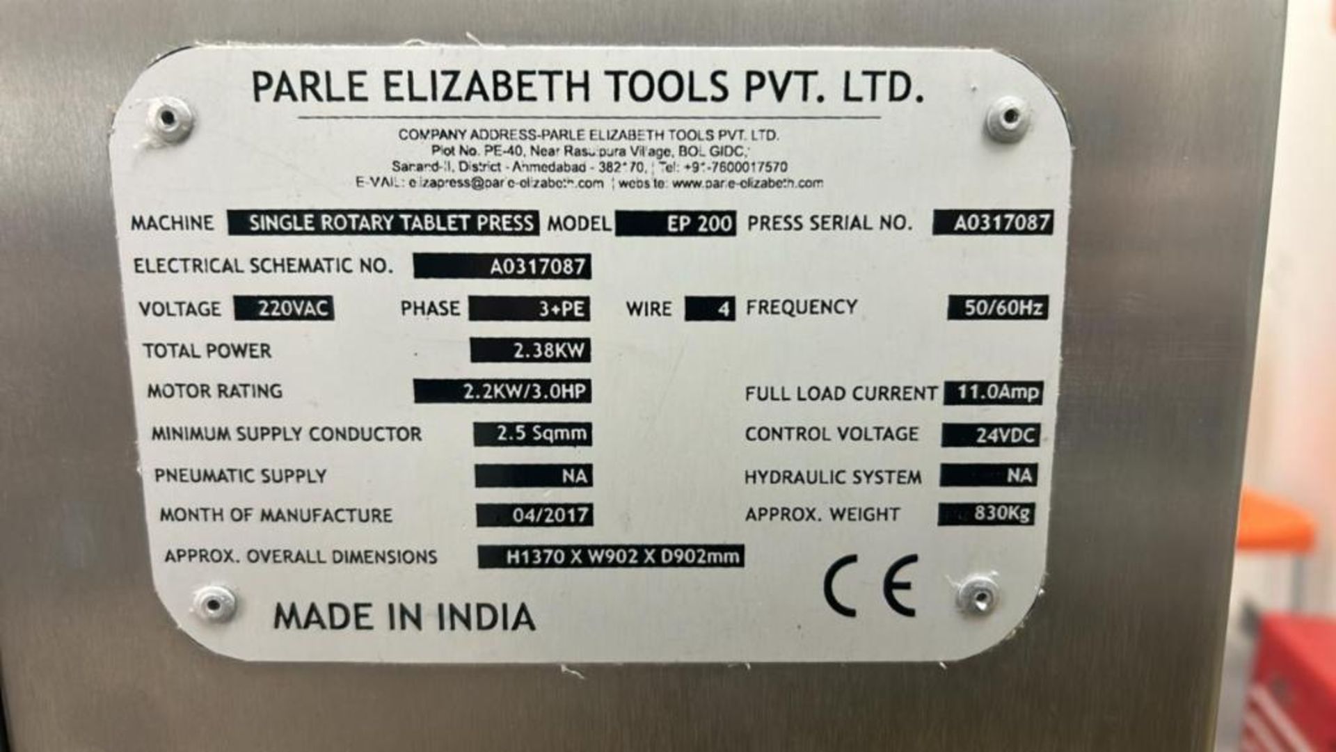 Parle Elizabeth Tools PVT. LTD. Single Rotary Tablet Press, Model# EP ...