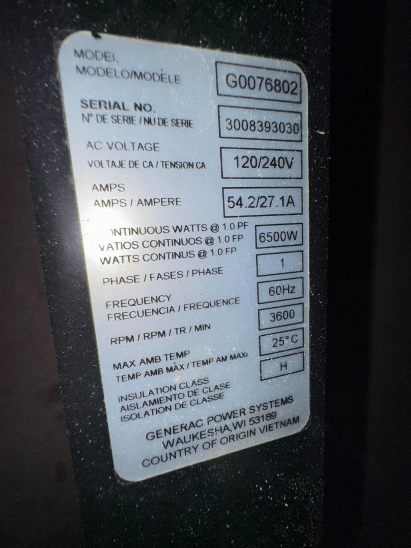 Generac Power Rush GP6500 Portable Generator, Model# G0076802, Serial ...